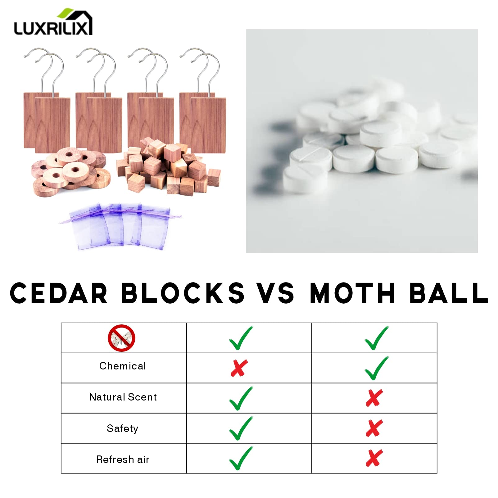 Cedar Blocks for Clothes Storage 100% Natural Cedar Balls and Cedar Chips for Storage Accessories Closet and Drawers 56-Piece Set (Free Hooks Gauze Bag Sandpaper)