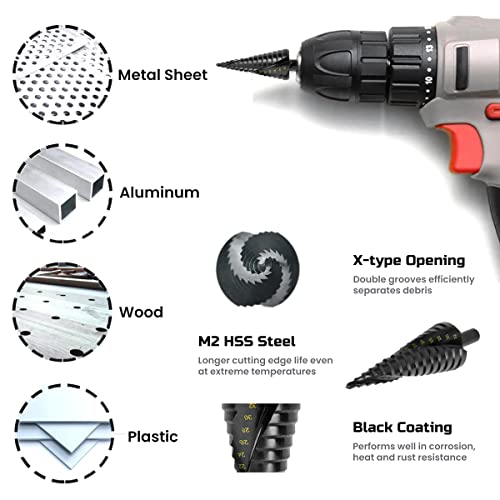 Canitu 3Pcs Nitride Spiral Step Drill Bit Set, 4-12/4-20/4-32 1/4" Hex Shank Cone Titanium Coated HSS Unibit Spiral Grooved Step Drill Bits for Steel, Plastic, Wood, Sheet Metal Hole Drilling