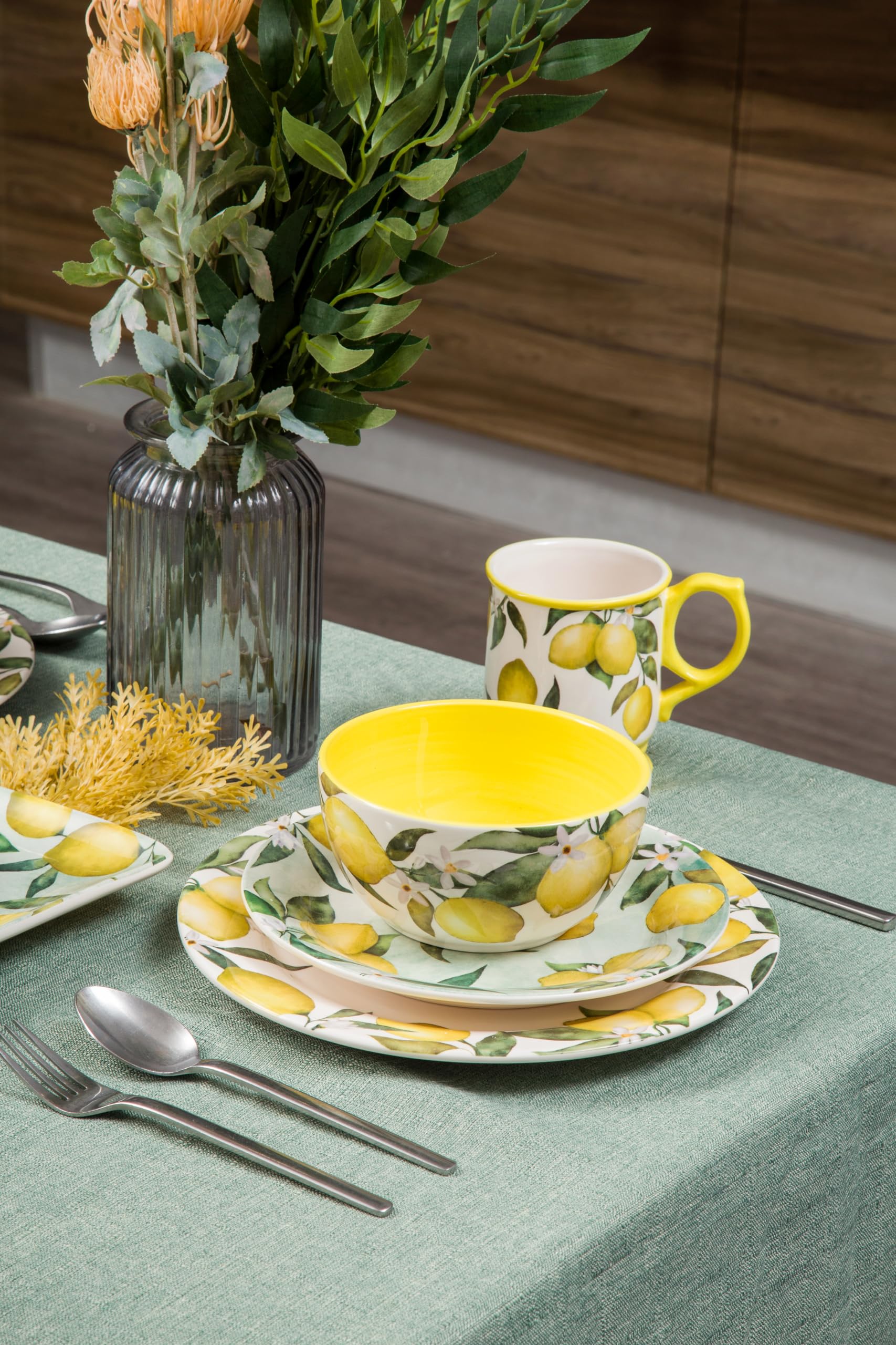 Bico Lemon Dreams Ceramic Bowls Set of 4, 26oz, for Pasta, Salad, Cereal, Soup & Microwave & Dishwasher Safe