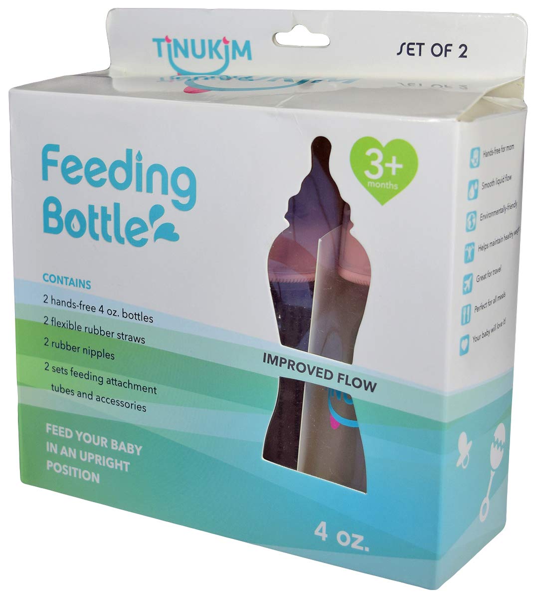 Tinukim iFeed 4 Ounce Self Feeding Baby Bottle with Tube - Handless Anti-Colic Nursing System, Pink - 2-Pack