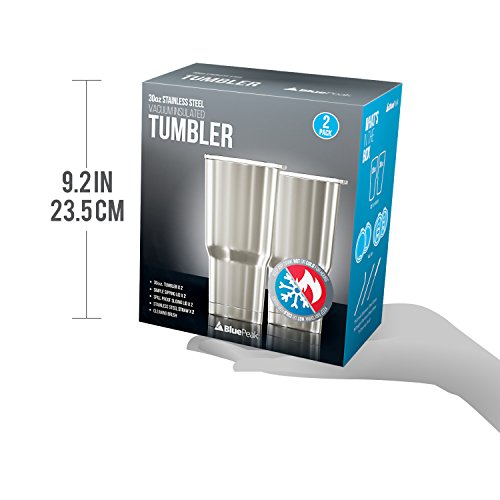 BluePeak Double Wall Vacuum Stainless Steel Insulated Tumblers Set, 2-Pack - Includes 2 Sipping Lids, 2 Spill-Proof Sliding Lids, 2 Straws, 1 Cleaning Brush & Gift Box (30 oz, Silver)