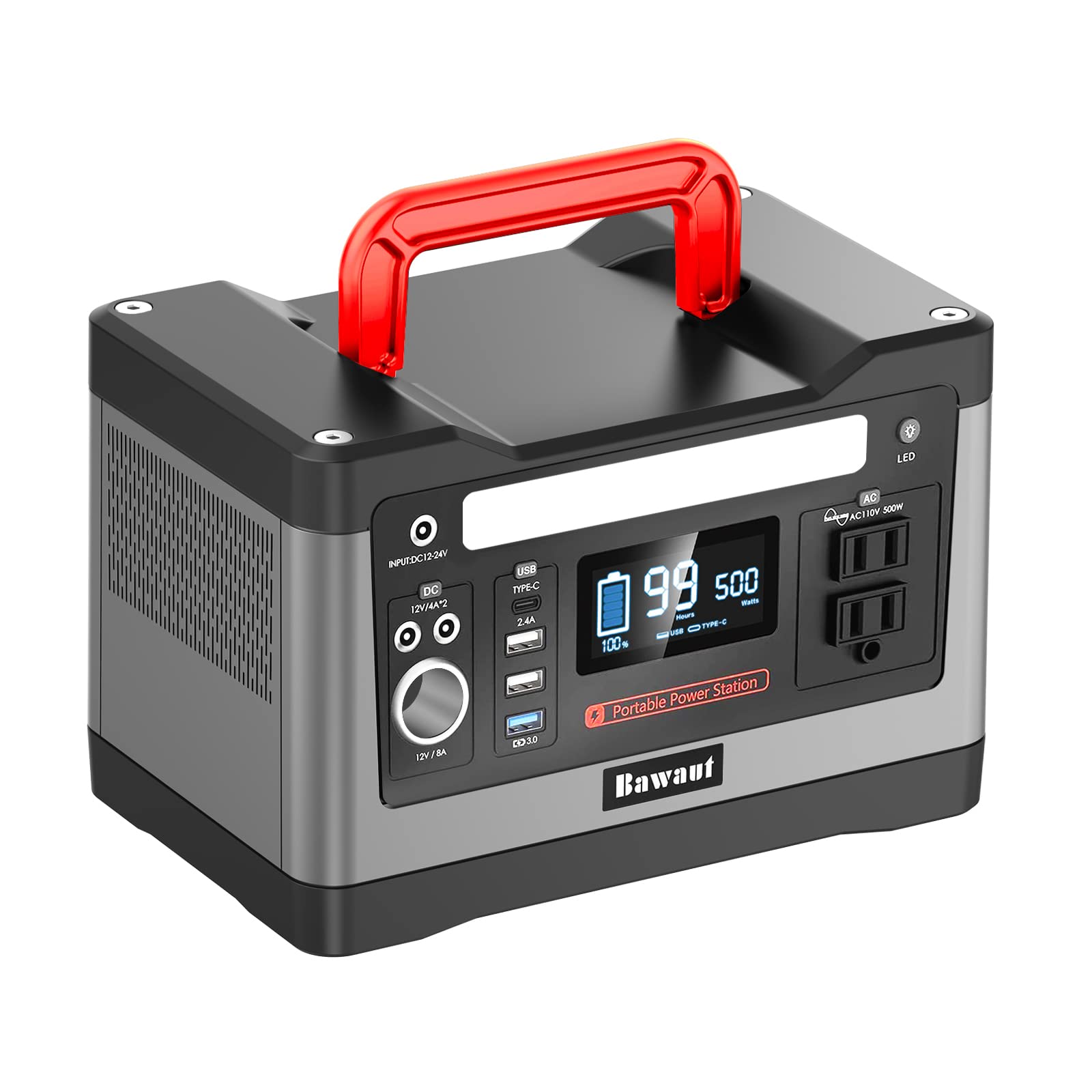 Bawaut Portable Power Station,540Wh Backup Lithium Battery, 110V/500W AC Outlet Outdoor Generators,12V DC & USB, USB-C Outputs, Solar Rechargeable Backup Power for Travel Camping Emergency