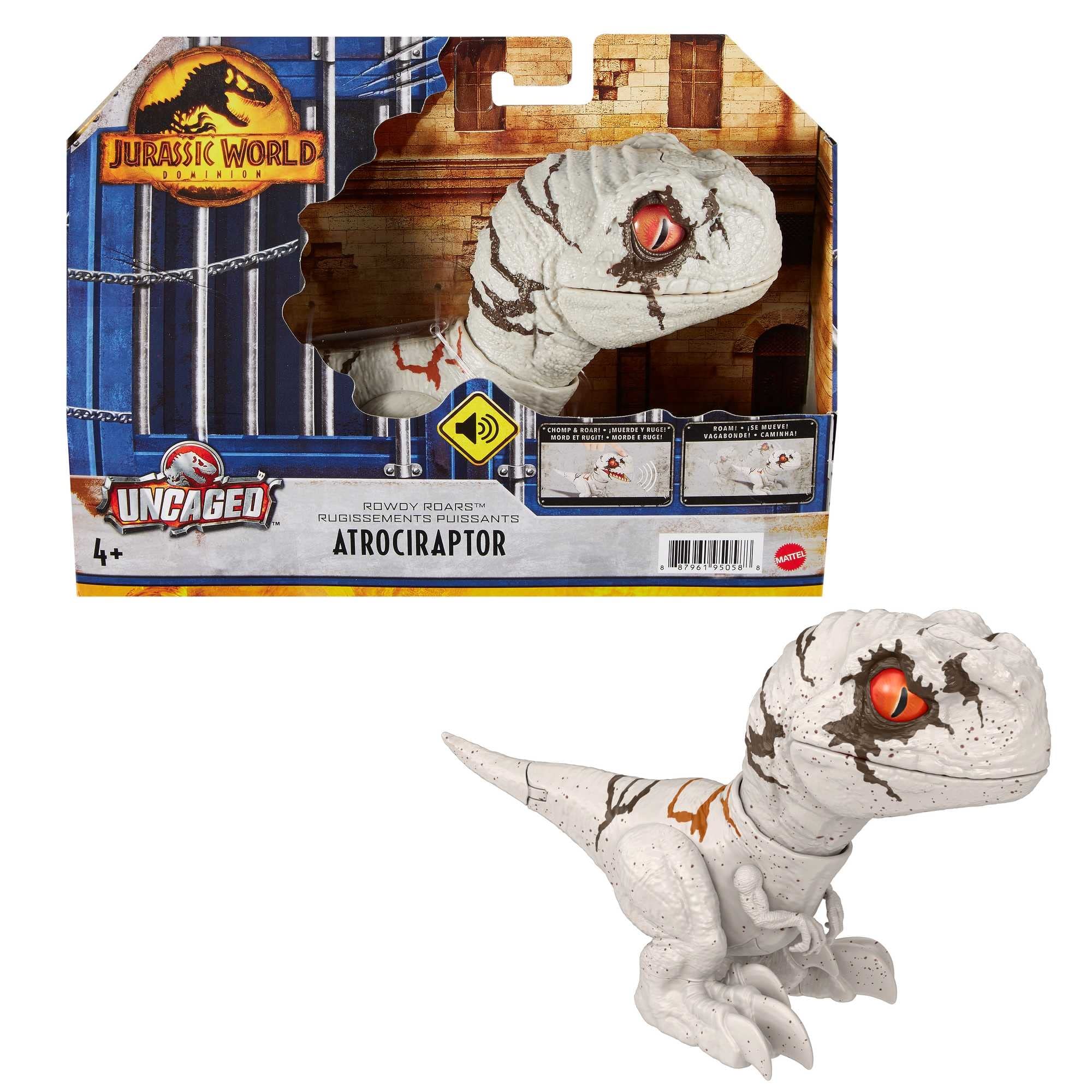 Mattel Jurassic World Dominion Uncaged Rowdy Roars Atrociraptor Ghost Dinosaur Action Figure, Toy with Interactive Motion & Sound