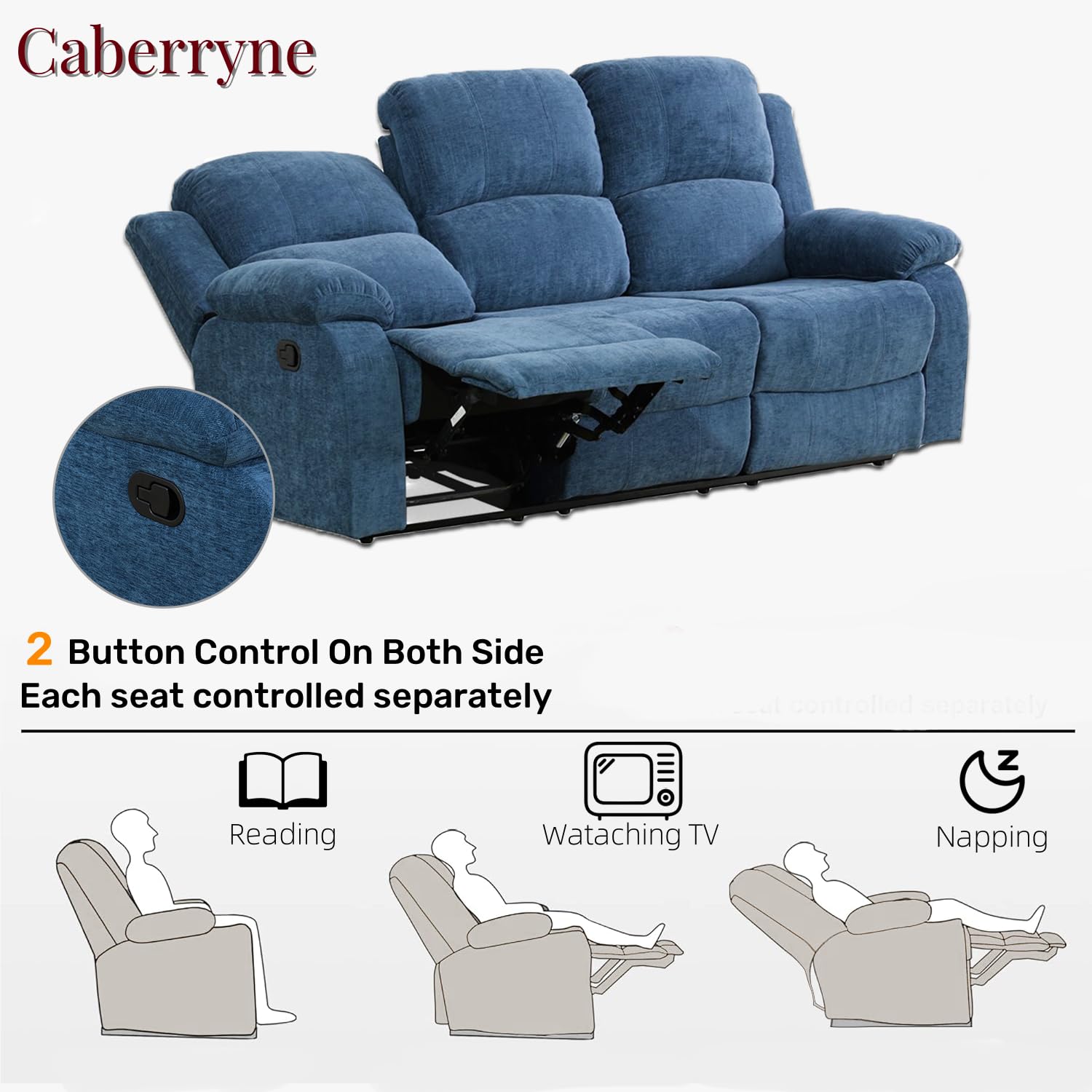 Caberryne Recliner Sofa for Living Room Furniture,Linen Fabric Blue Reclining Sofa 3 Seater Recliner Sofa Couch Reclining Sofa with Drop Down Table RV Sofa for Living Room(A-Linen Fabric Blue)