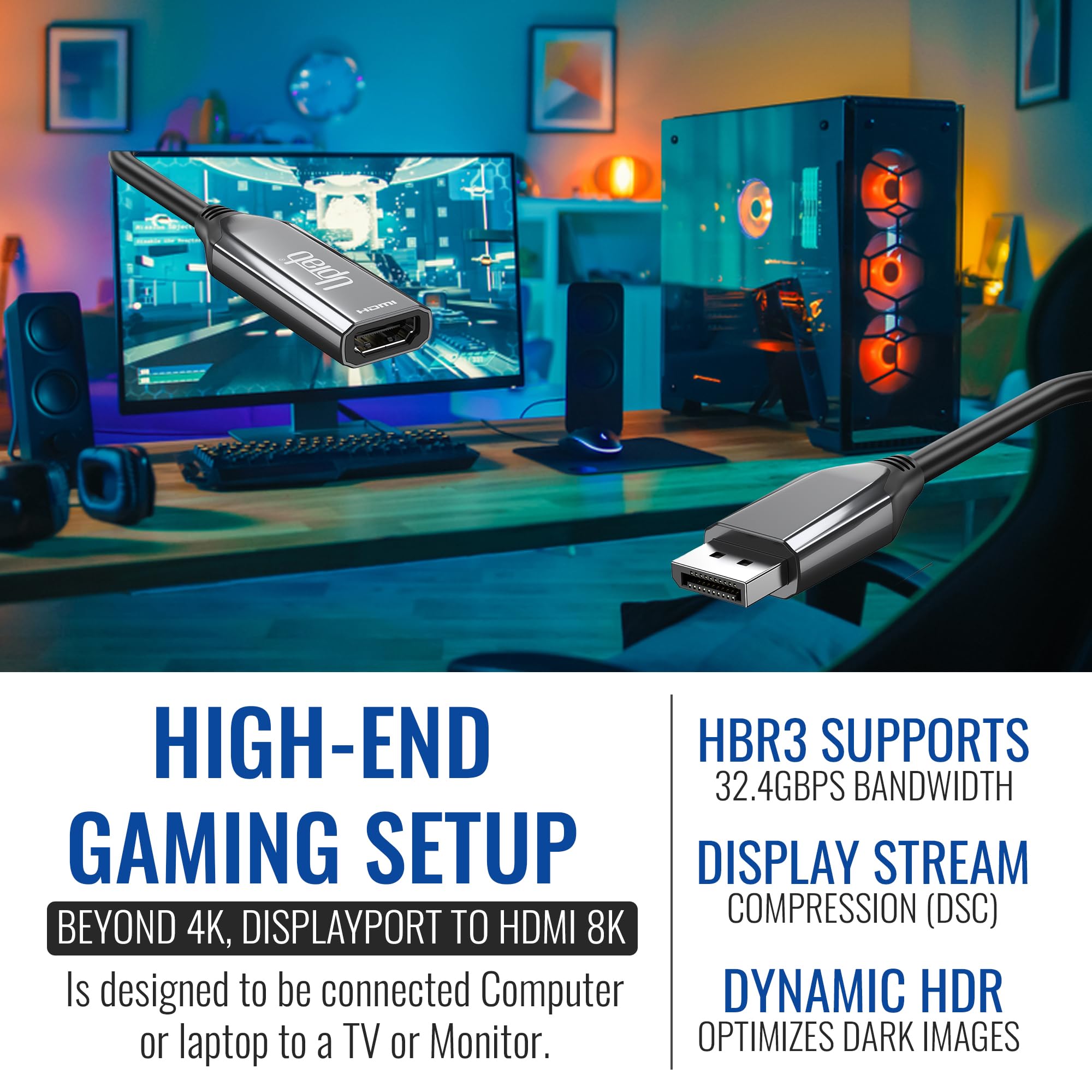 DisplayPort 1.4 to HDMI 2.1 Adapter 8K with HDR (DP 1.4 to HDMI 2.1) Display Port to HDMI Adapter 4k 120Hz up to 8K 60Hz with HDR Support for RTX 4090, RX 6900, Gaming PC, and More