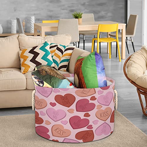 Candy Heart Valentines Day Large Round Baskets for Storage Laundry Baskets with Handles Blanket Storage Basket for Bathroom Shelves Bins for Organizing Nursery Hamper Girl Boy
