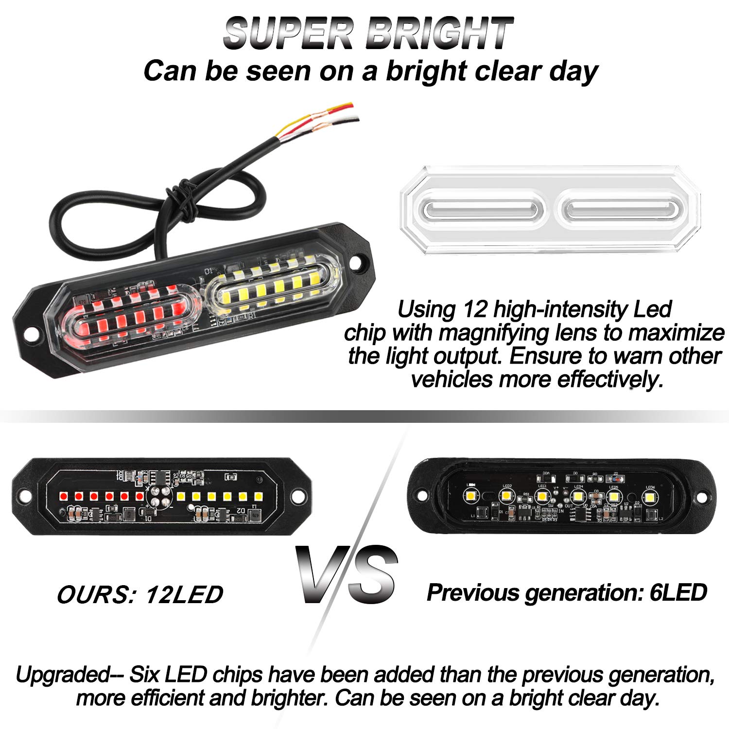 ASPL 8pcs Sync Feature Ultra Slim 12-LED Surface Mount Flashing Strobe Lights for Truck Car Vehicle LED Mini Grille Light Head Emergency Beacon Hazard Warning lights (Red/White)