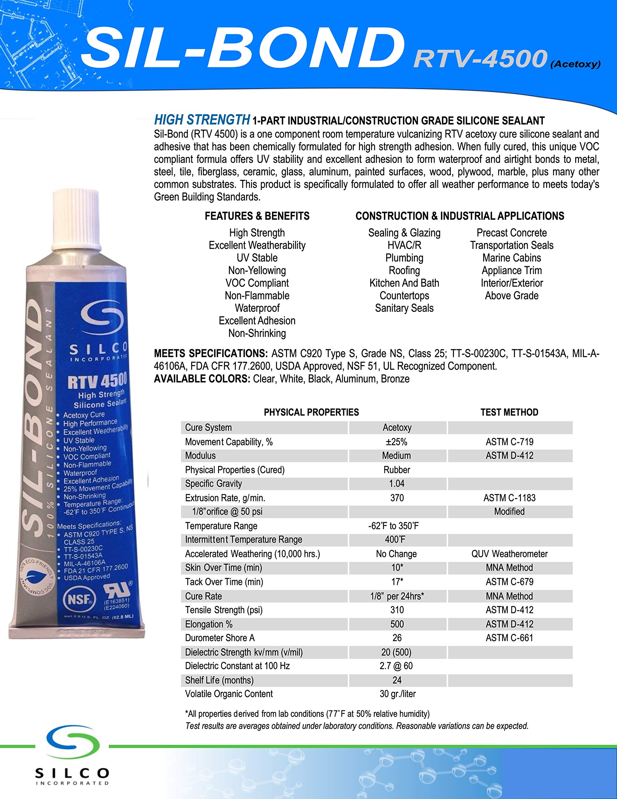 Silicone RTV 4500 Food Contact Safe High Strength Silicone Sealant, Clear (2.8 FL. Ounce)