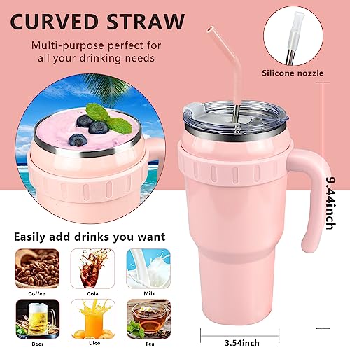 Camicour 40 Oz Tumbler With Handle Insulated Travel Mug With Straw,Reusable Stainless Steel Water Bottle Travel Mug Iced Coffee Cup,Keeps Drinks Cold Up To 34 Hours Or Hot For 12 Hours (Pink)