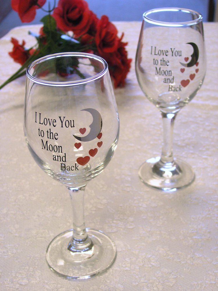 BANBERRY DESIGNS - Set of 2 Wine Glasses - I Love You to the Moon and Back Design with Red Hearts - 14 oz
