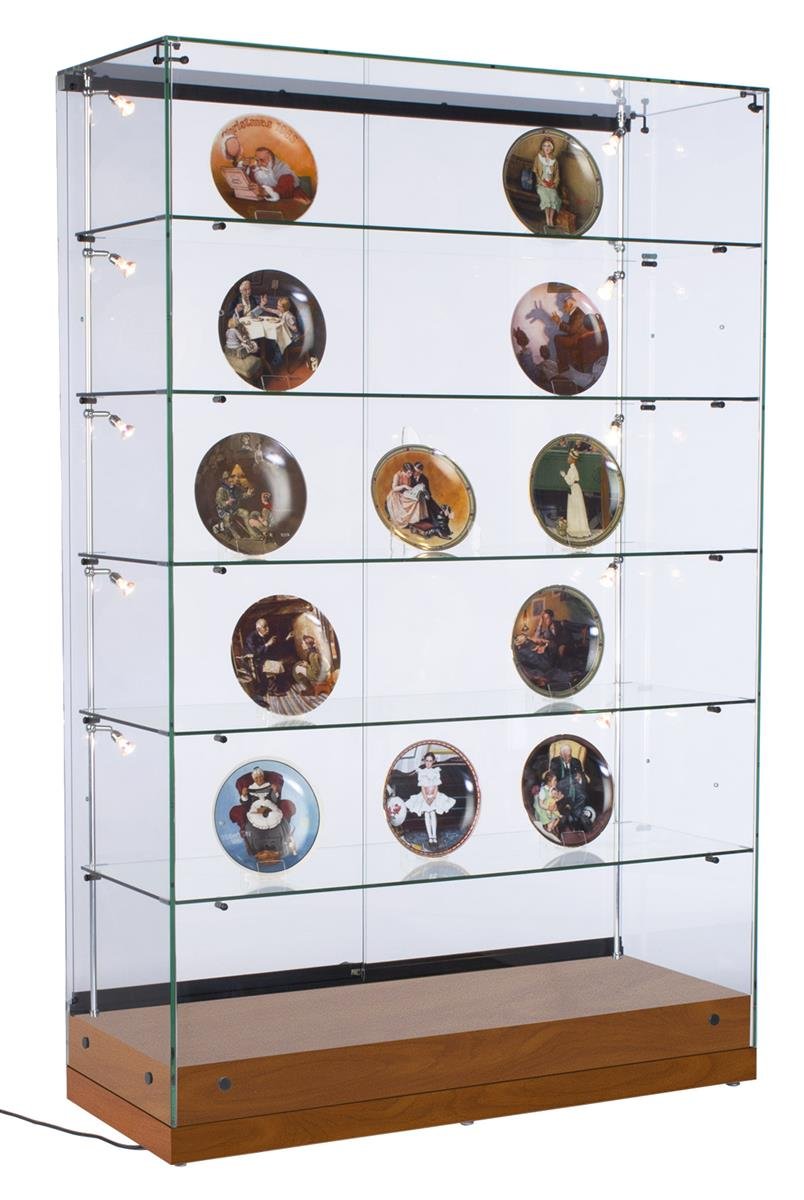 Displays2go Glass Curio Cabinetry for Retail Stores, LED Side Lighting, Tempered Glass Shelves, MDF Base – Cherry Wood Finish (GTEC48LEDC)