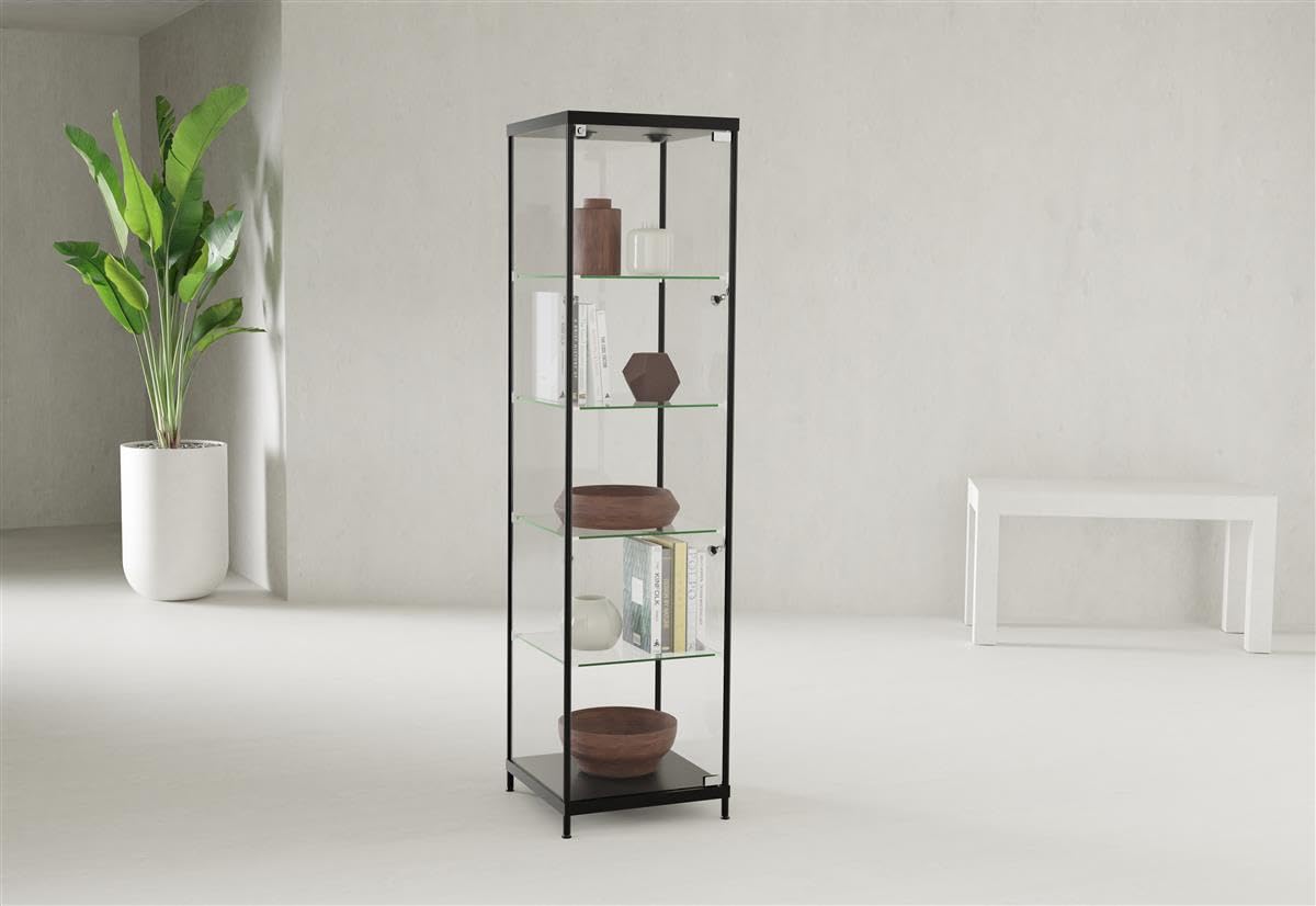Displays2go Glass Showcase Towers, Tempered Glass Shelves, LED Lighting – Clear, Black (LESC5578BK)