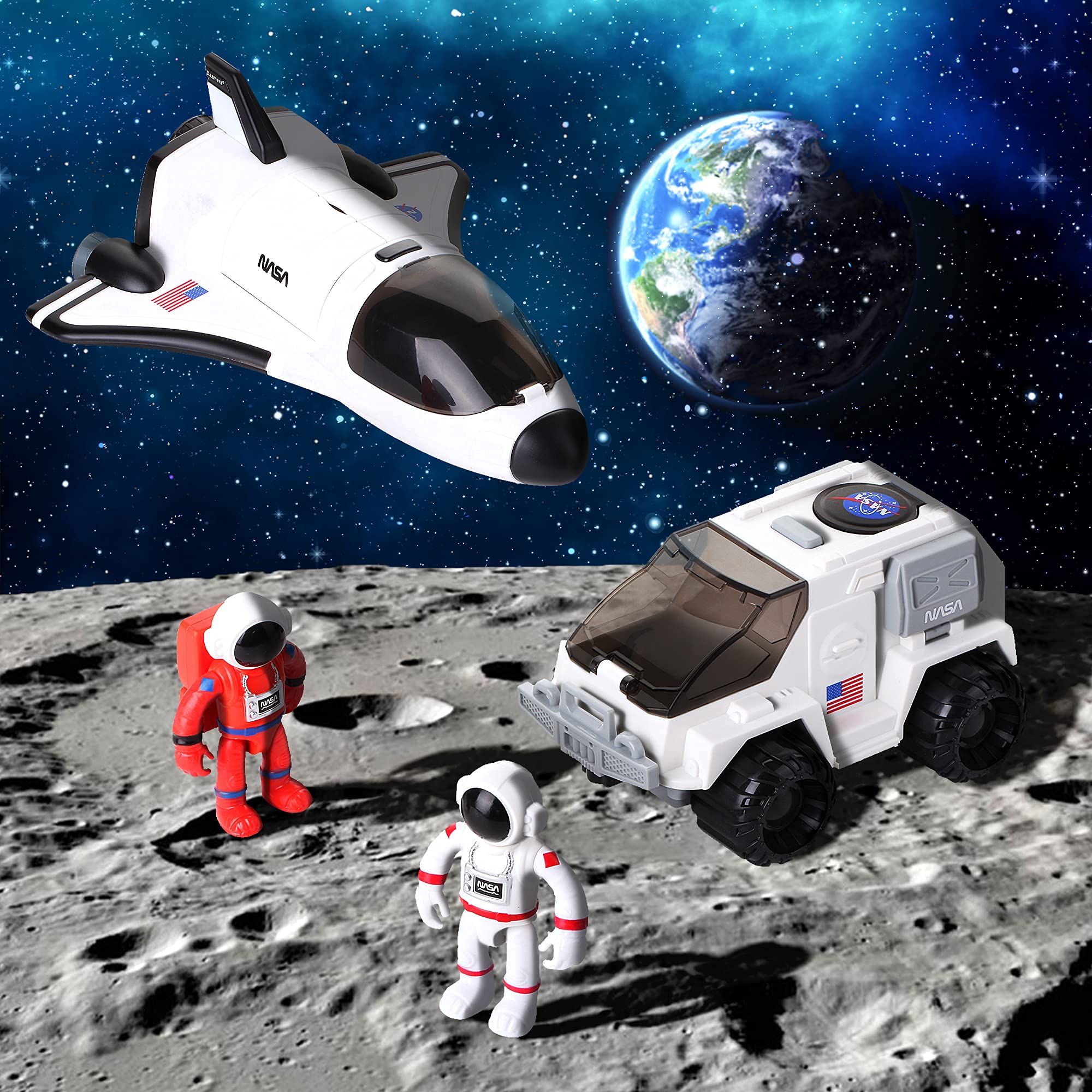 Dazmers Space Shuttle Toy - Kids Spaceship with 2 Astronaut Figures, Mechanical Arm and Rover - Rocket Ship Lights Up with Blast Off Sound Effects - Fun Space Toys for Children, Boys and Girls