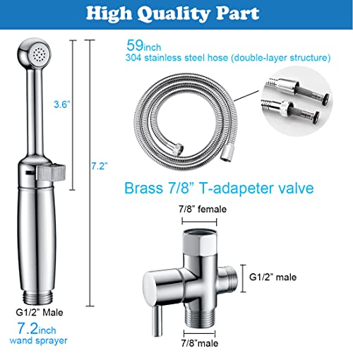 Bidet Sprayer for Toilet, Handheld Sprayer Bidet Attachment Kit with Backflow Preventer and Adjustable Water Pressure Control, SonTiy All Brass Cloth Diaper Sprayer Set, Chrome, 5 Years Warranty