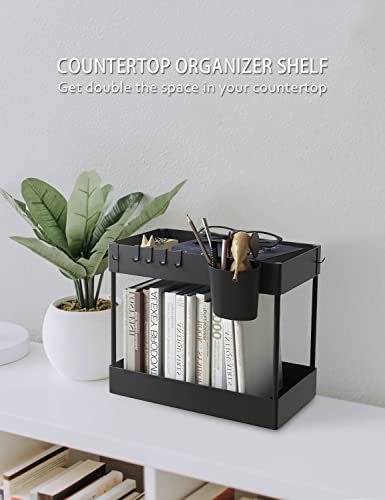 Axbima 2 Tier Under Sink Organizer, Under Bathroom Sink Storage, Under Kitchen Sink Shelf Rack with 2 Hanging Cups & Hooks for Cabinet Countertop Bathroom Laundry Garages (Black)