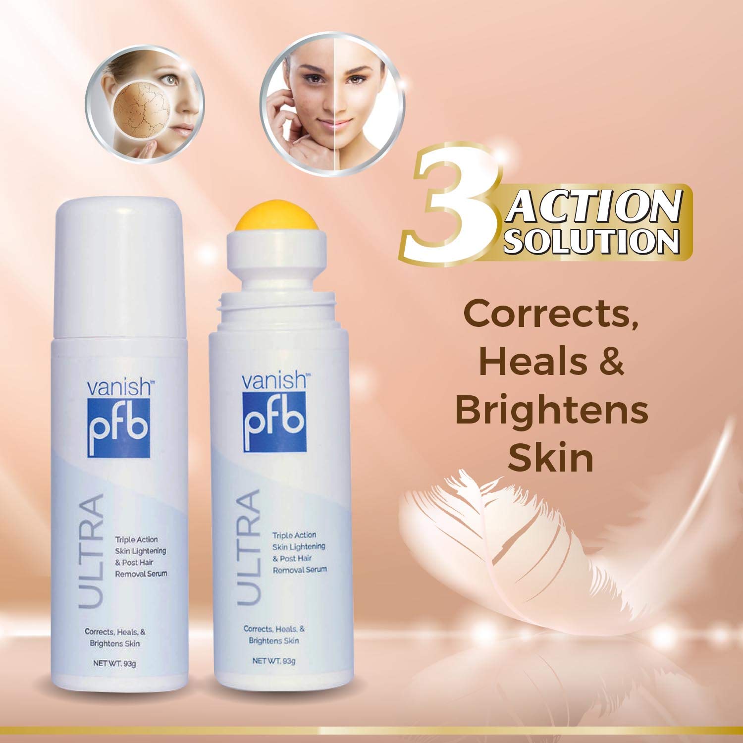 PFB Vanish Ultra with Chromabright & Shitake Mushroom, Triple Action Dark Spot Remover, Ingrown Hair & Razor Bump Stopper, Roll-On Skin Care Treatment, 93g β New Formula