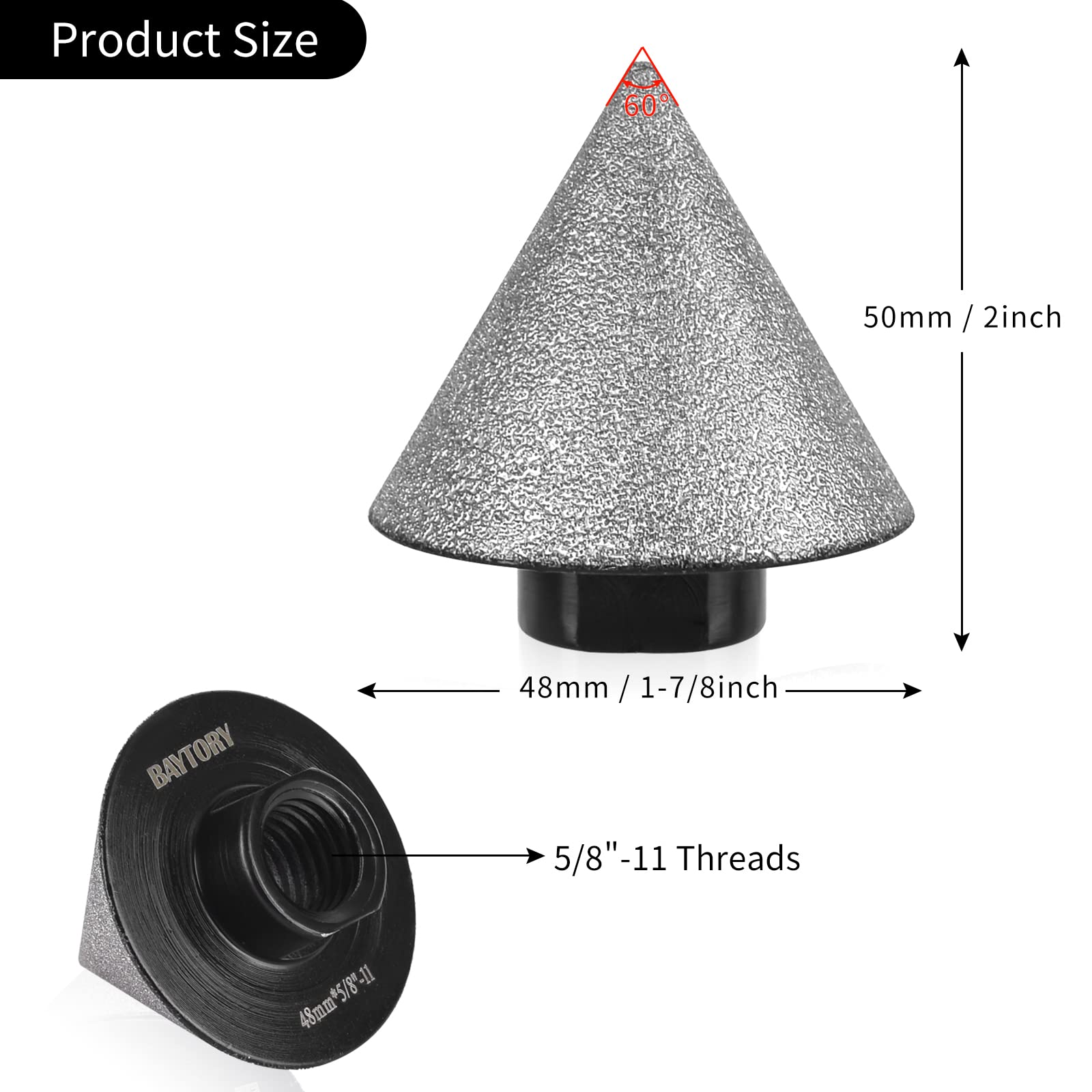 BAYTORY Diamond Beveling Chamfer Bit 1-7/8" (48mm) Dia x 5/8" -11 Threads for Granite Marble Tiles, Existing Holes Enlarging Polishing Shaping