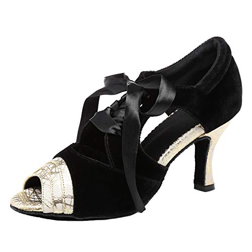 AOQUNFS Performance Dance Shoes Latin Dancing Shoes for Women Comfortable Salsa Ballroom Dance Heels,YCL310-Black Gold-5,US8