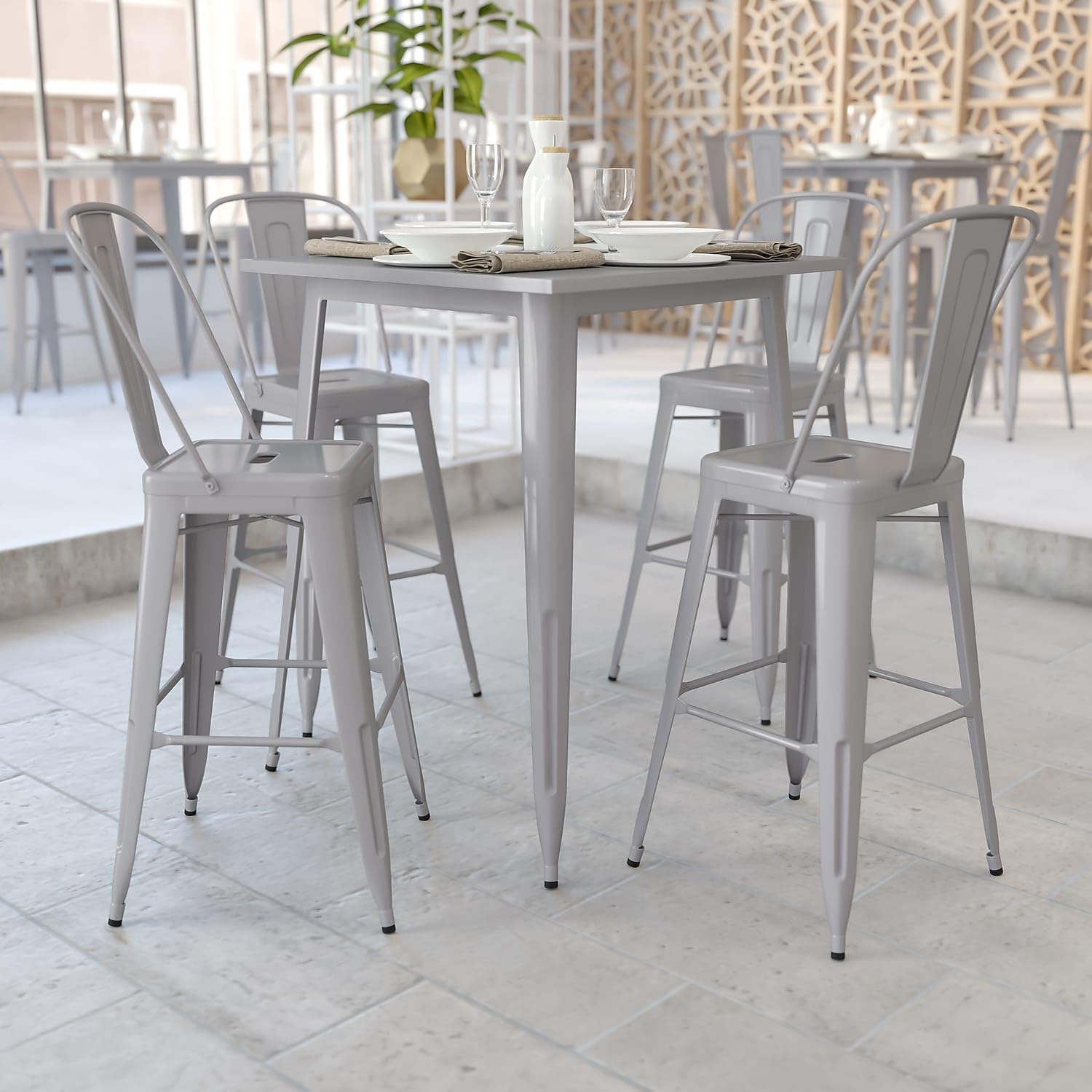 Flash Furniture Nolan Commercial Grade 31.5" Square Silver Metal Indoor-Outdoor Bar Height Table