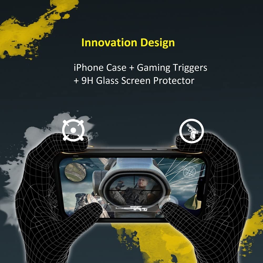 iPhone 13 Pro Mobile Gaming Triggers Controller Case and Gaming Glass (Screen Protector) for PURG/Sniper/Fortnitee/Call of Duty and other shooting games