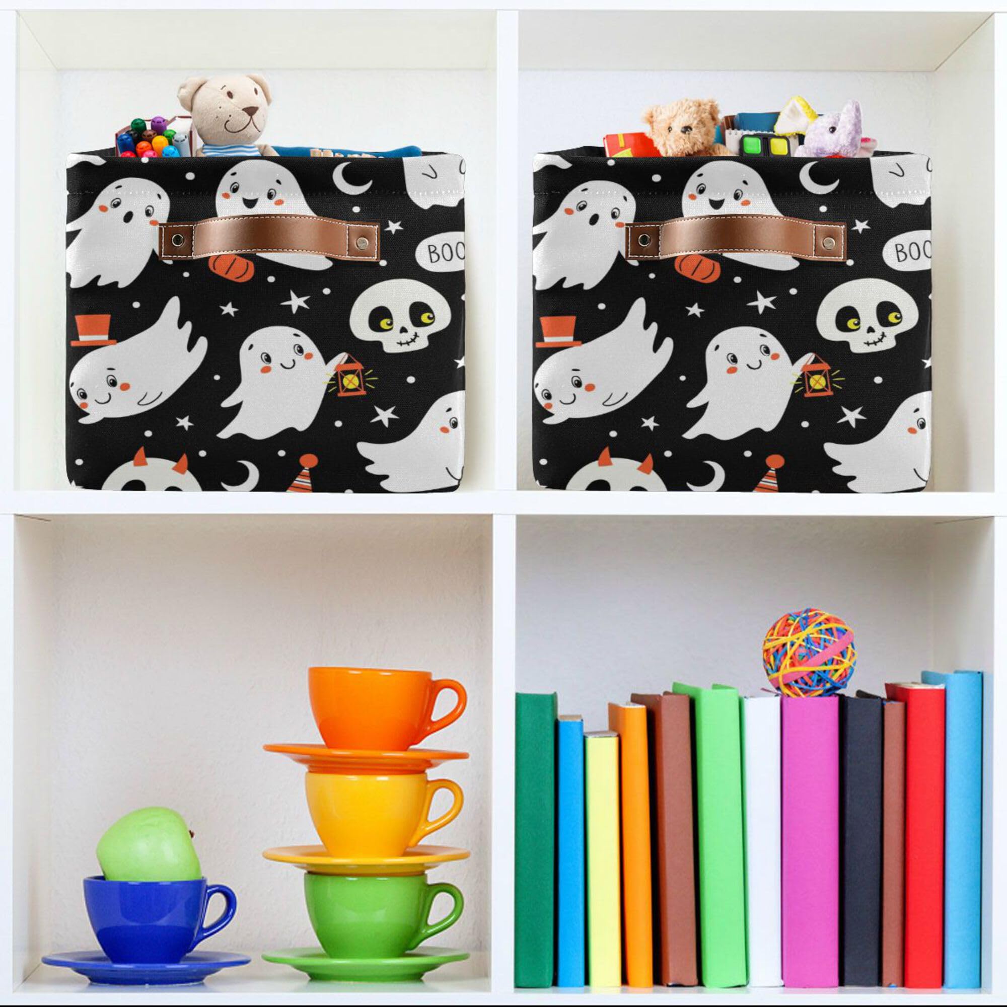 xigua Halloween Decorations Ghost Storage Basket Collapsible Toy Storage Bins Waterproof Canvas Storage Basket with Leather Handles for Home Closets Offices,Bedrooms,Toy and Gift Baskets,1PCS