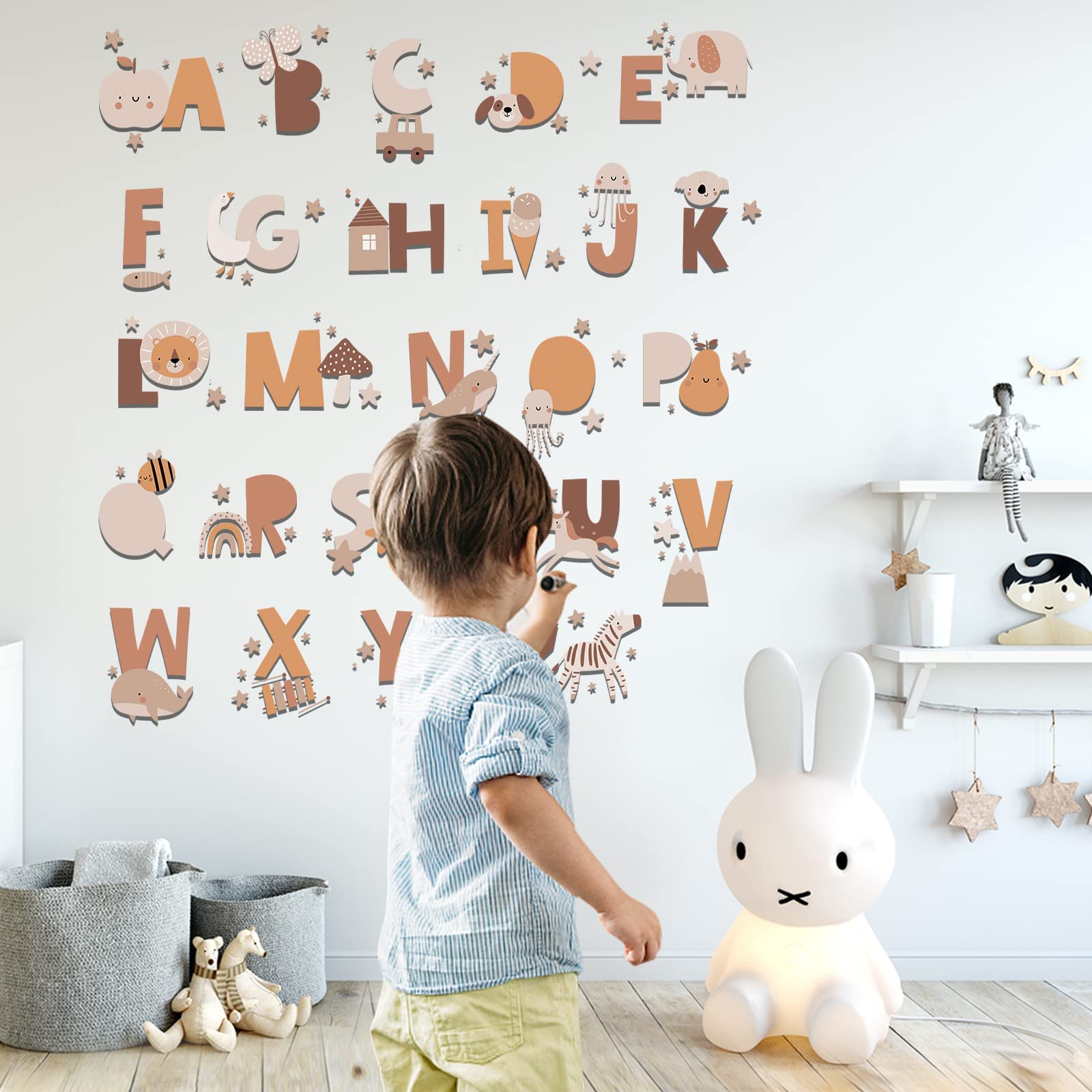 Boho Alphabet Wall Decals Removable Alphabet Letters Wall Sticker Peel and Stick Alphabet Wall Decals for Kids Nursery Bedroom Living Room Décor