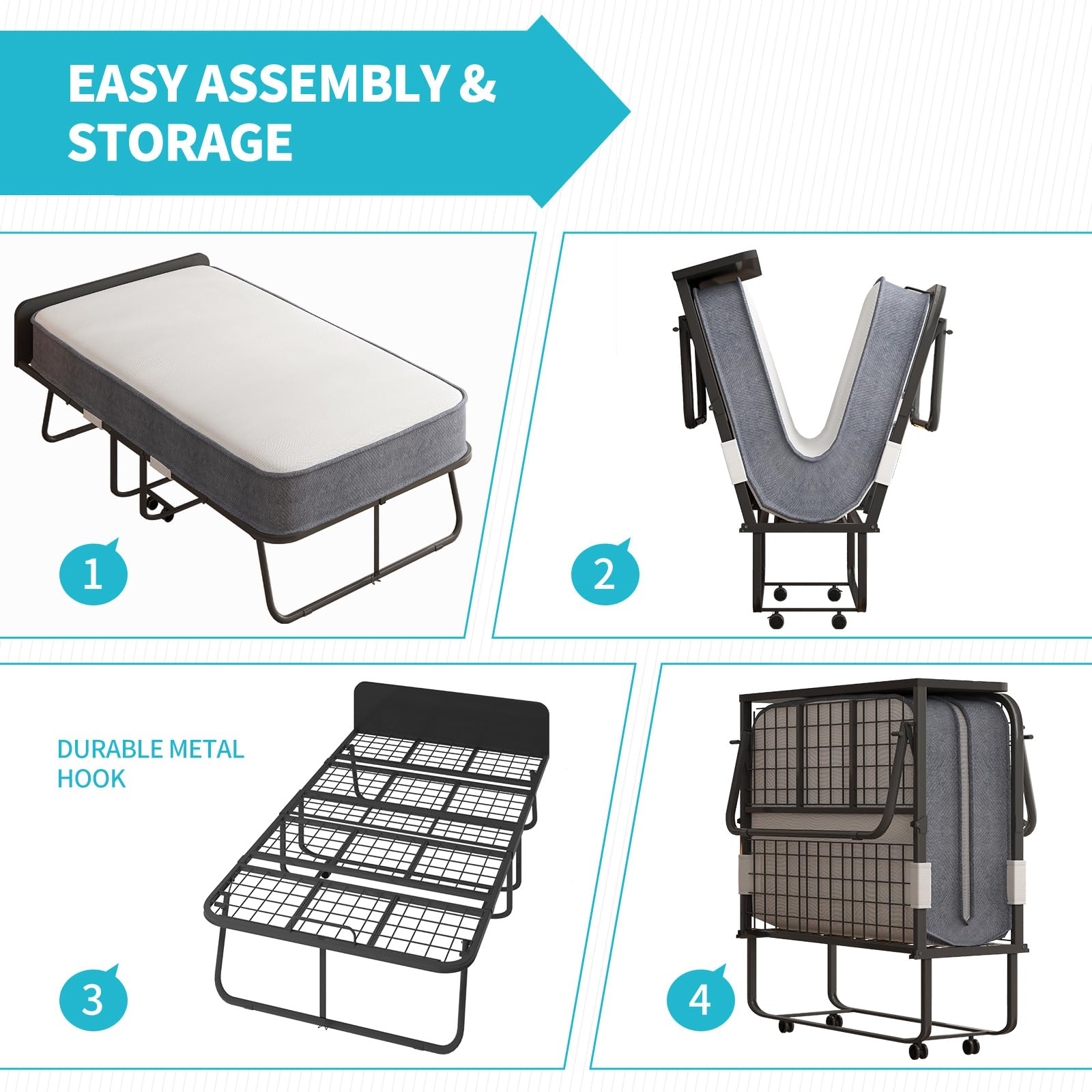 CECER Twin Size Rollaway Bed with 5 Inch Foam Mattress, 75" x 46" Folding Bed, Space-Saving Guest Bed with Headboard, Portable Foldable Bed for Adults with Sturdy Metal Frame and Dust Cover