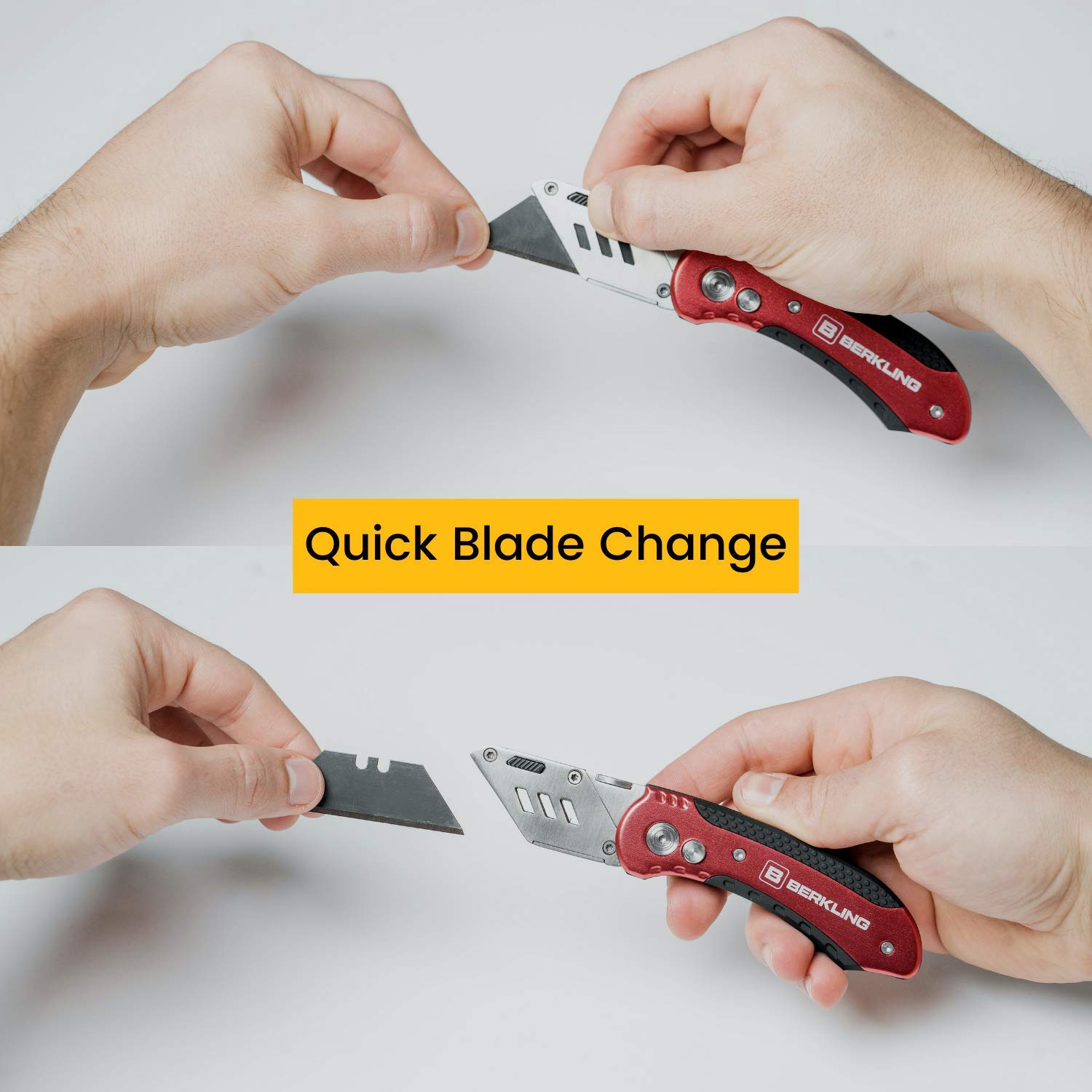 Berkling Utility Knife Folding Box Cutter Retractable Heavy Duty Pocket Size w/Belt Clip, Compact Light Weight Body, Quick Change Blade, Safety Lock, 10 Laser Sharpened Ultra Sharp SK2H Black Blades