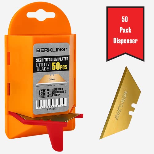 Berkling Utility Knife Blades Titanium Fully Plated 50-Pack With Dispenser, SK2H Laser Sharpened Hardened, Ultra 3X Sharper and 15X More Durable, Standard T-Shape for Most of Cutters & Knives