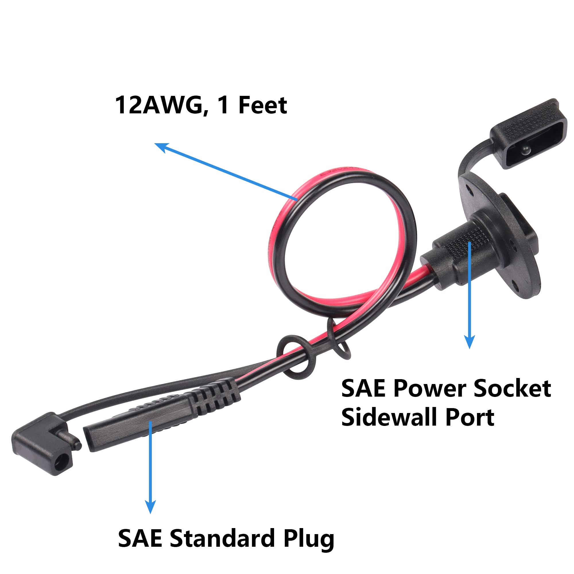 CERRXIAN 30cm 12AWG SAE to SAE Socket Sidewall Port Panel Mount Solar Cable, SAE Quick Connect Harness Cable(2-Pack)