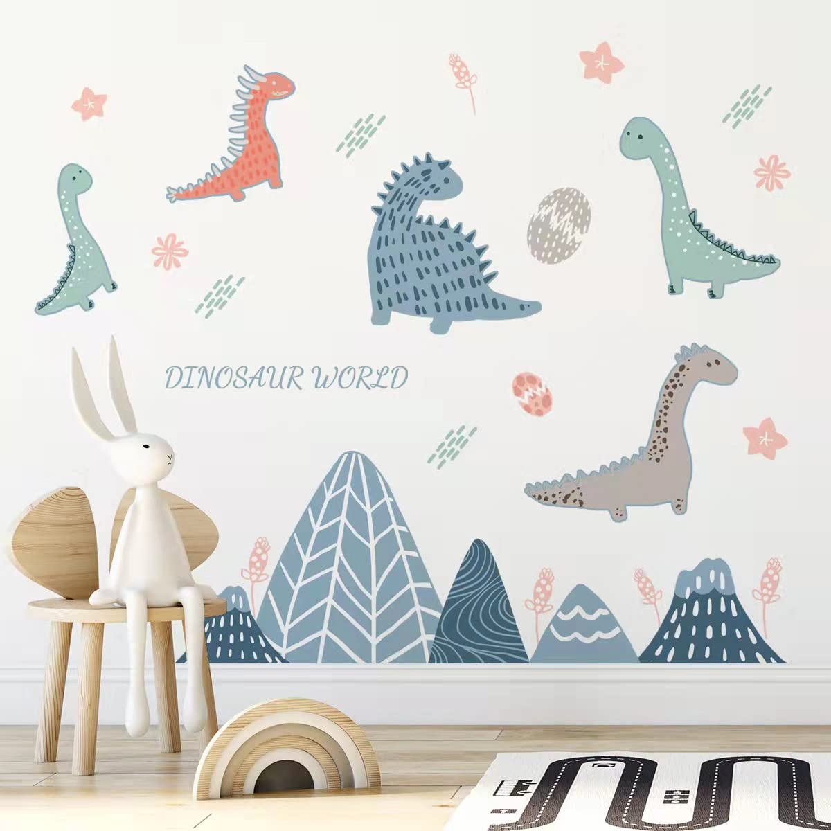 Demoue Watercolor Dinosaur Wall Decals for Baby Boys Room, Animals Dinosaur with Mountain Leaves Vinyl Wall Stickers for Classroom, Playroom Kids Party Decorations and Favors (26 pcs)