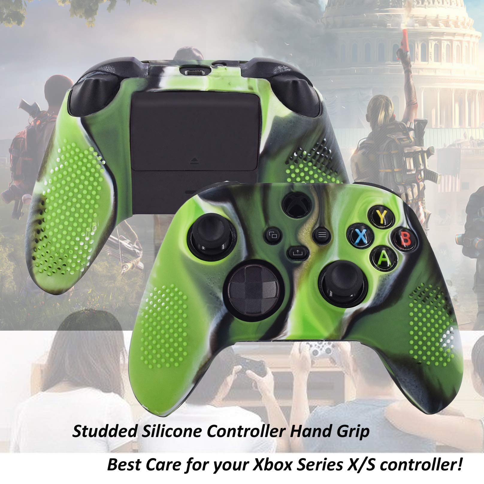 Grips for Xbox Series X Controller, Pandaren Studded Anti-Slip Silicone Cover for Xbox Series X/S Controller Skin Hand Grip with 8pcs FPS Pro Thumb Sticks Cap Protector(Camougreen)