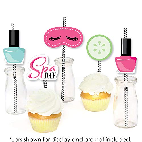 Big Dot of Happiness Spa Day - Paper Straw Decor - Girls Makeup Party Striped Decorative Straws - Set of 24