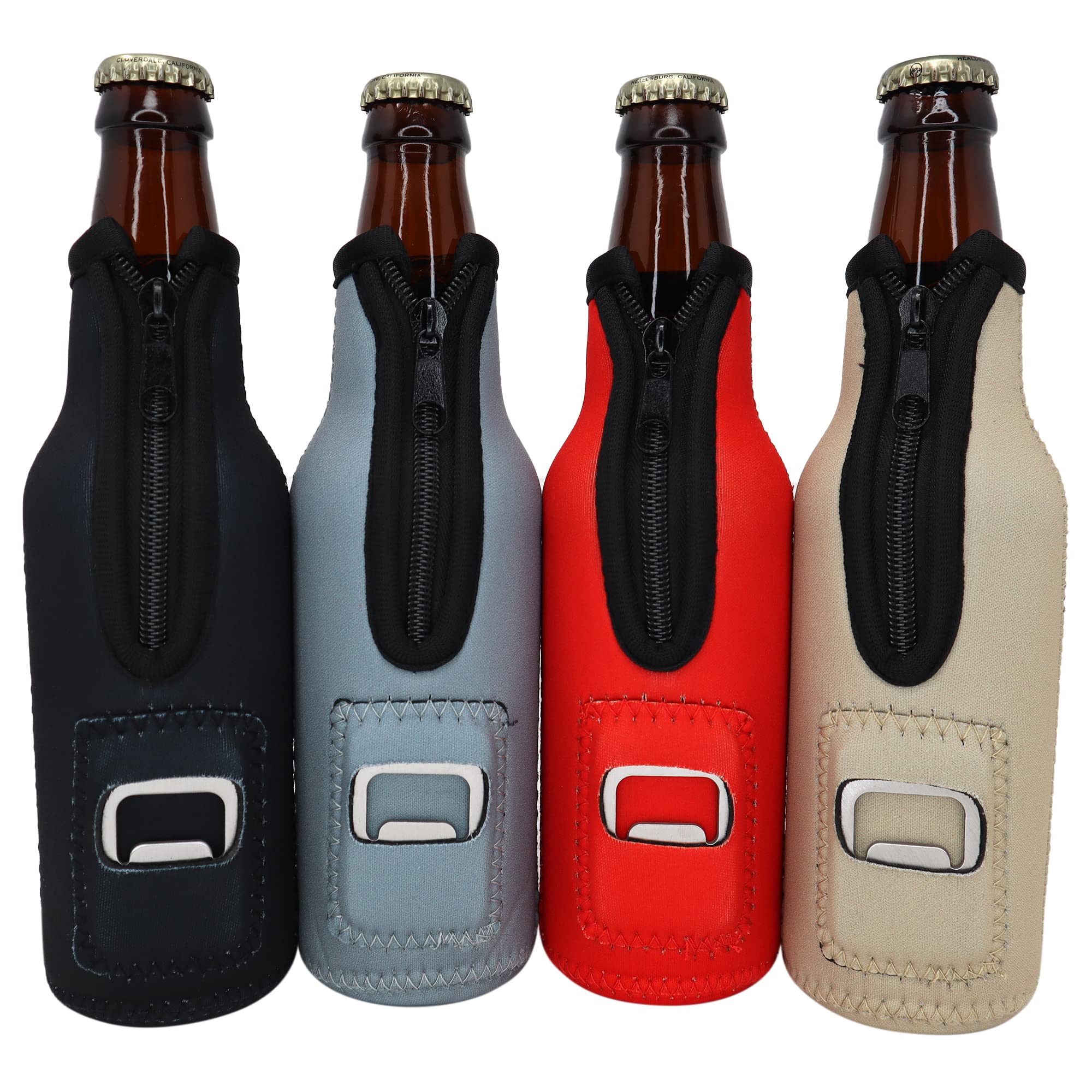 BBQ Smoker Bottle Coolies - Barbecue Meat Smoking Gift for Dad,Useful Gifts for Men Who Have Everything,Bottle Cooler Insulator Sleeve w Zipper,Built-In Removable Opener,Insulated 12 oz. Bottle Coolie
