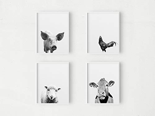 Black and White Farm Animal Prints | Set of 4 11x14 Cute Animal Wall Art | Rustic Kids Bedroom and Baby's Nursery Wall Decor | Pig, Chicken, Sheep, Cow Photos Ready to Frame | Vintage Farmhouse Decor