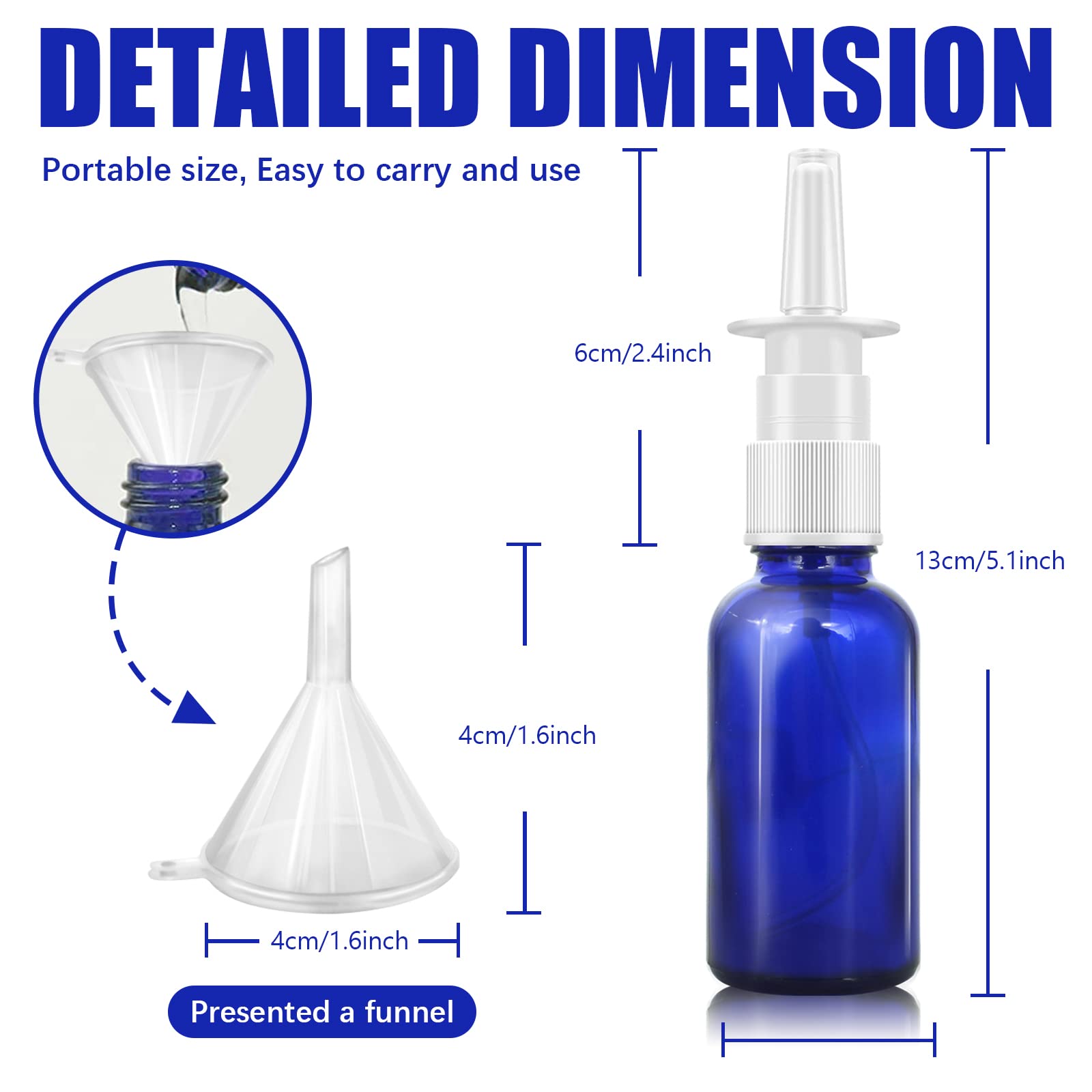 Cupohus Nasal Spray Bottle, 3 Pcs 30ML/1oz Cobalt Blue Glass Refillable Fine Mist Sprayers Atomizers, Travel Sized, Empty Nasal Sprayer with Funnels and Labels