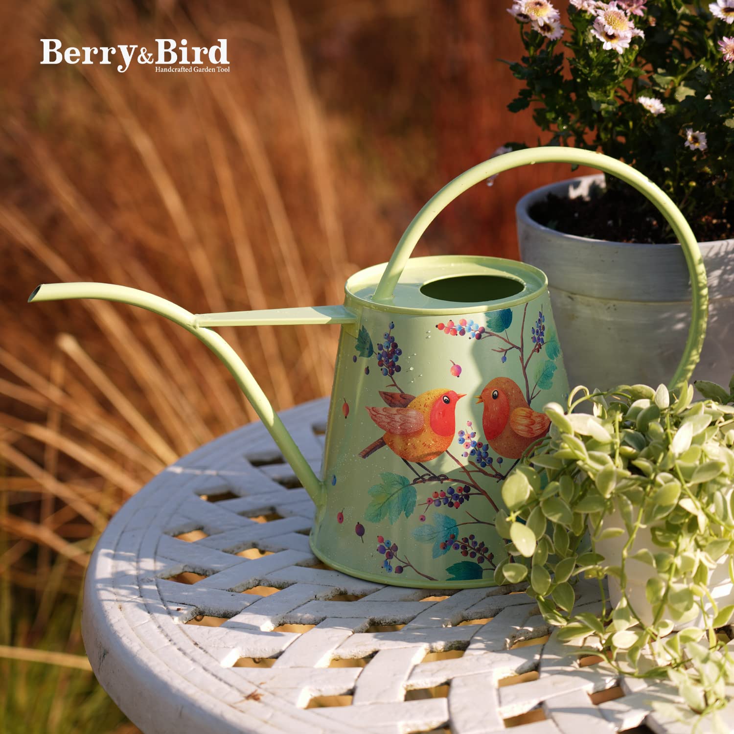 Berry&Bird Long Spout Watering Can for Garden Lawn House Indoor Outdoor Metal Sprinkling Pot in British Bloom Style for Plant Flower Bonsai 2 Liter/67.6 Fl Oz