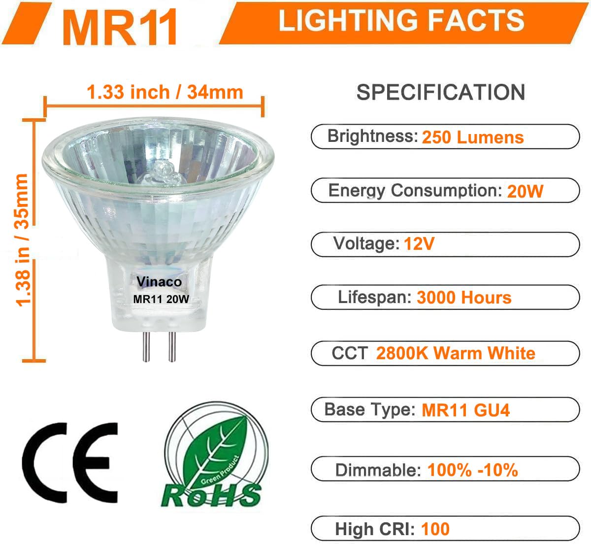 Vinaco MR11 GU4 Halogen Bulb, 6 Pack Long Lasting MR11 12V 20W,MR11 GZ4 Dimmable with 2800K Warm White, MR11 Bulb with GU4 Base, MR11 Halogen Bulb for Landscape, Accent, Track Lights & Fiber Optics