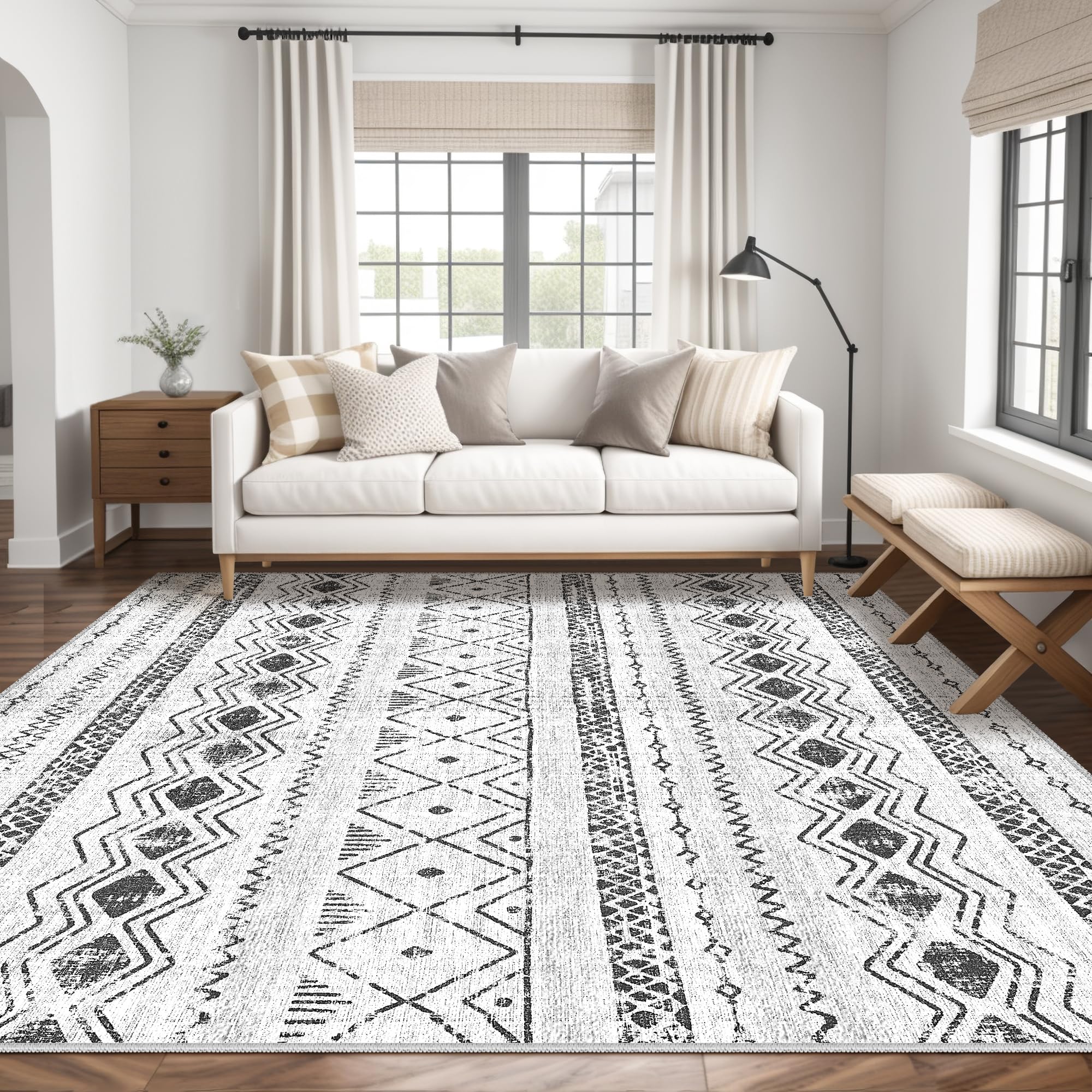 Boho Moroccan Area Rug 8x10 - Large Indoor Geometric Neutral Rug for Living Room Bedroom Dining Table Modern Home Office - Soft & Machine Washable Foldable Farmhouse Carpet - Grey