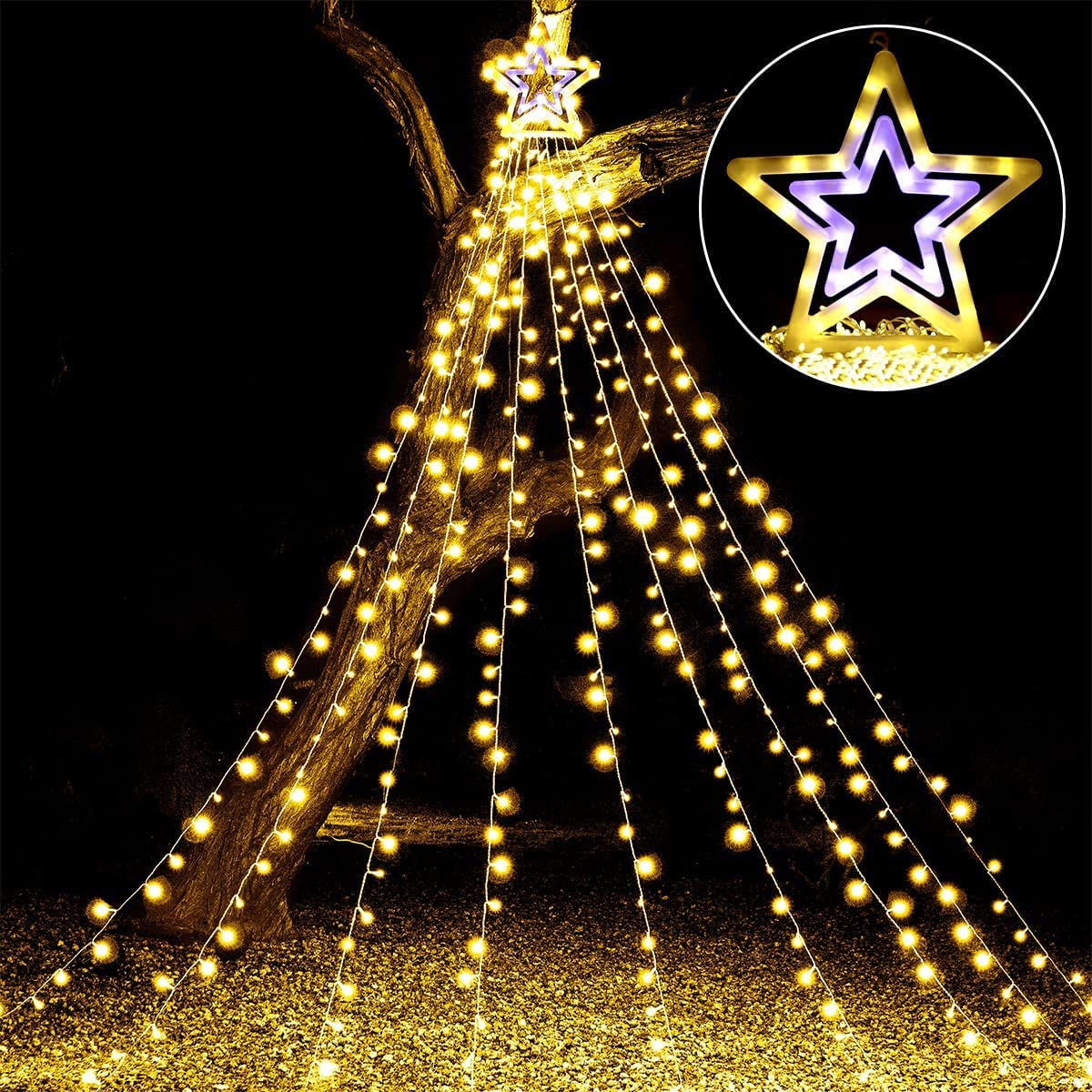 Joiedomi 345 LED Christmas Decoration Star Lights, 11.5Ft 8 Lighting Modes Decorative Tree Lights with Topper Star for Christmas Tree, Party Wedding Garden Yard Patio Xmas Outdoor Décor(Warm Whit)