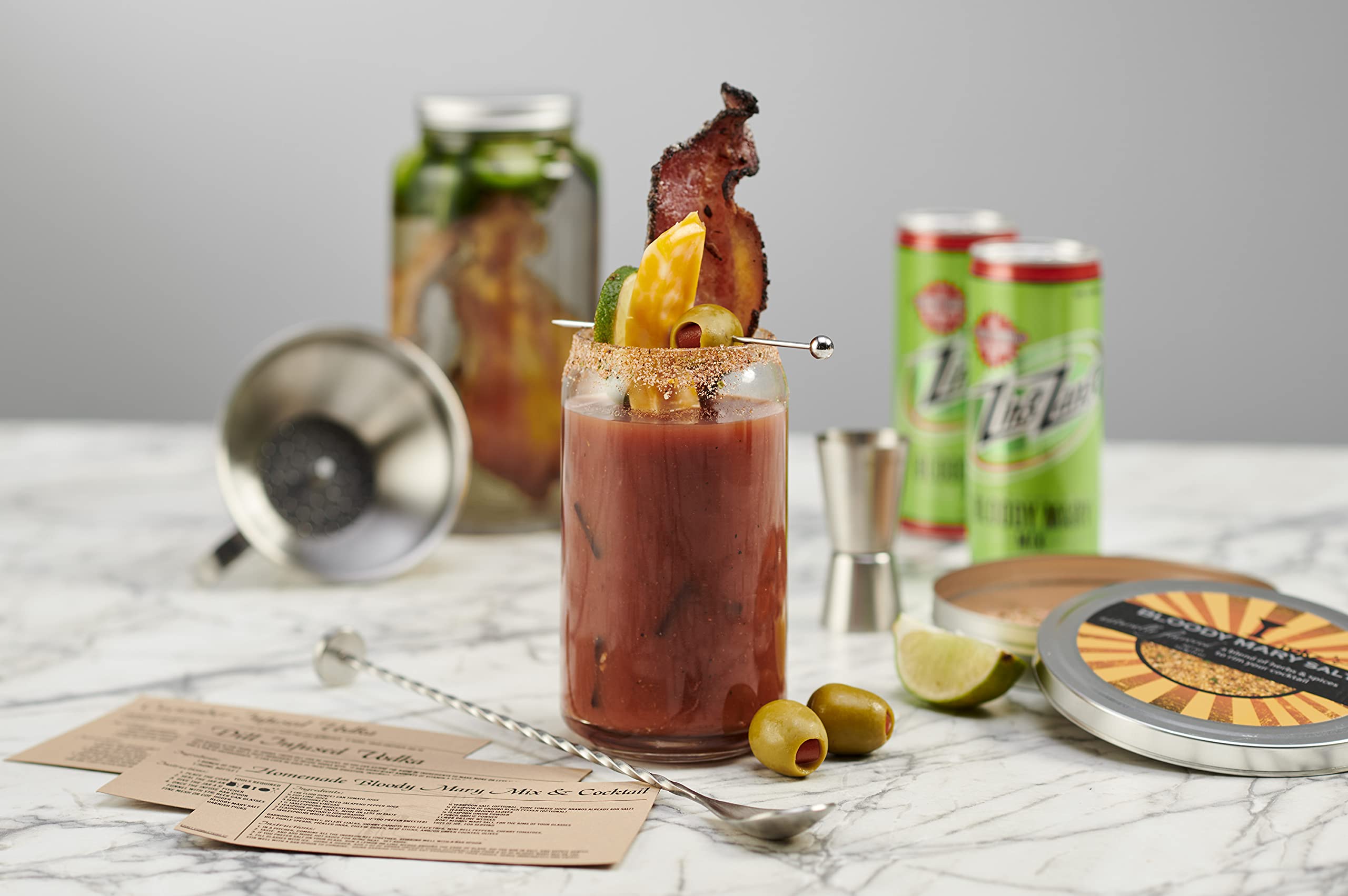 Bloody Mary Cocktail Kit: 16 oz Beer Can Drinking Glass Set | Zing Zang Bloody Mary Mix | Rokz Salt Tin | Infusion Jar | Bar Spoon | Jigger | Garnish Picks | Recipe Cards