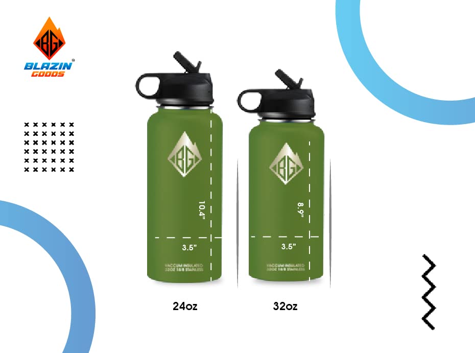 Blazin Goods Stainless Steel, Leak Proof, Vacuum Insulated Stainless Steel, Double Walled Water Bottle | 3 Lids, 2 Straws, 1 Wire cleaning brush (Olive/Drab, 32 Oz)