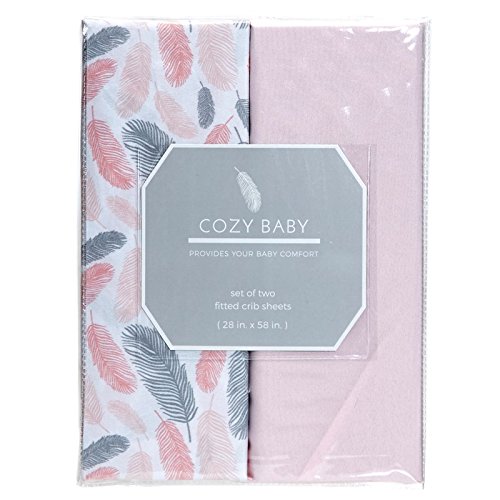 Pink & Feathers Set of 2 Crib Sheets Boho Girls Pink/Gray