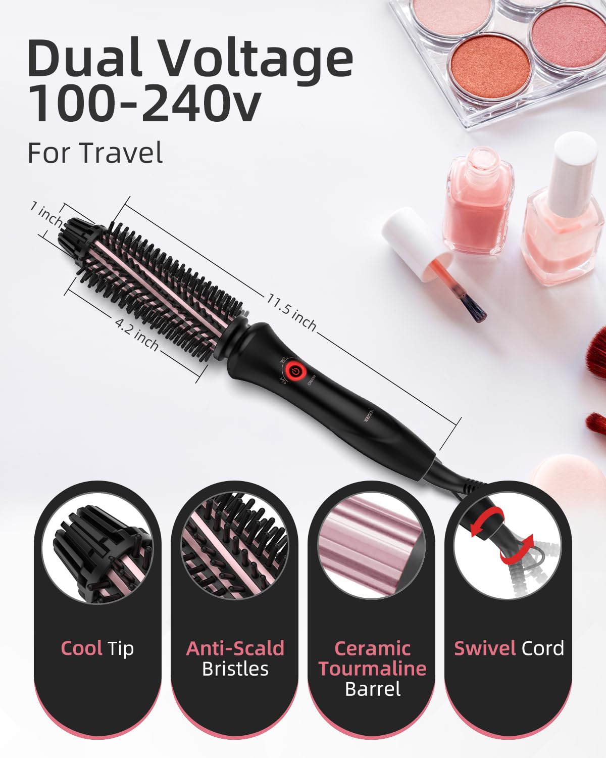 Curling Iron Brush 1 Inch, Heated Styling Round Brush Curling Iron Travel Dual Voltage,3 Temps Anti-Scald Hot Curling Brush Culer for Short Hair