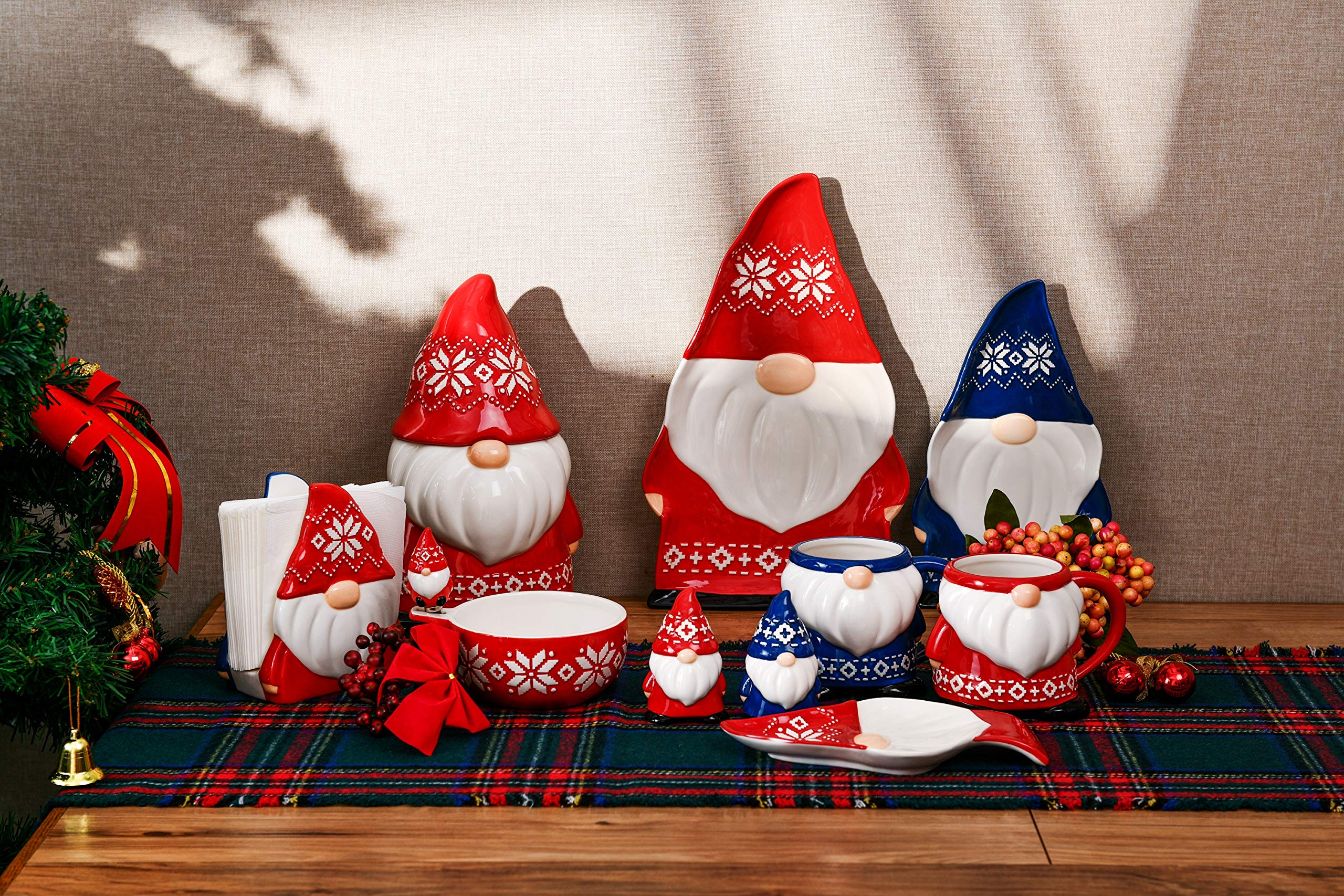 Bico Red Christmas Gnome 11 inch Air Tight Cookie Jar, Handpainted, Dishwasher Safe, Holiday Accent for Kitchen Counter