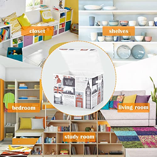 CaTaKu London Retro Storage Bins with Lids and Handles, Fabric Large Storage Container Cube Basket with Lid Decorative Storage Boxes for Organizing Clothes