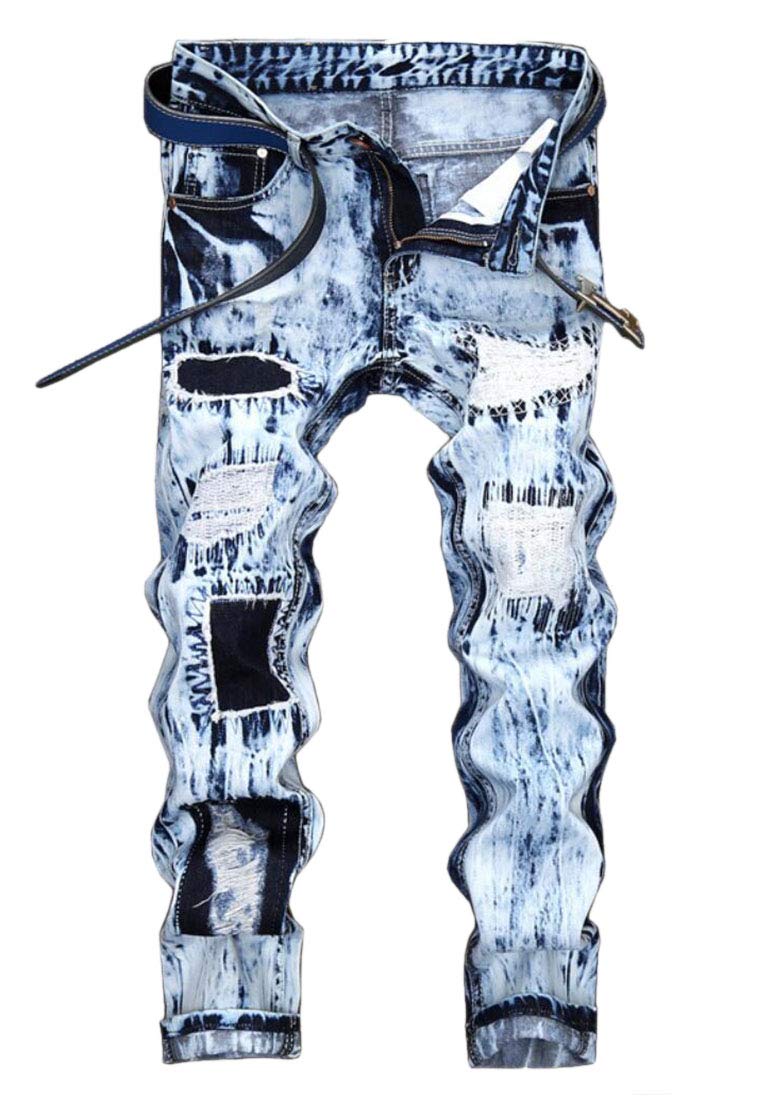 Amoystyle Men's Snow Washed Ripped Jeans Blue 167 Asian 42