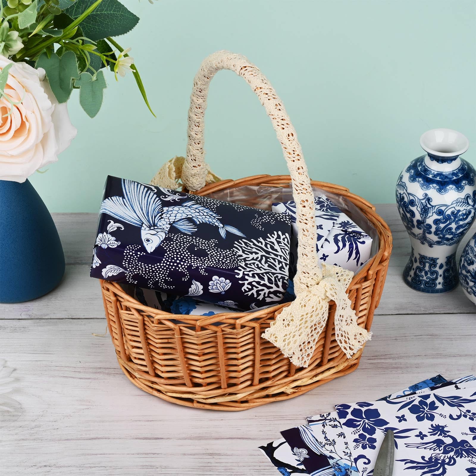 Bolsome 12 Sheets Blue White Chinoiserie Wrapping Paper Blue White Vintage Peony Floral Bird Fish Patterned Gift Wrap Paper for Wedding Bridal Shower Birthday DIY Craft