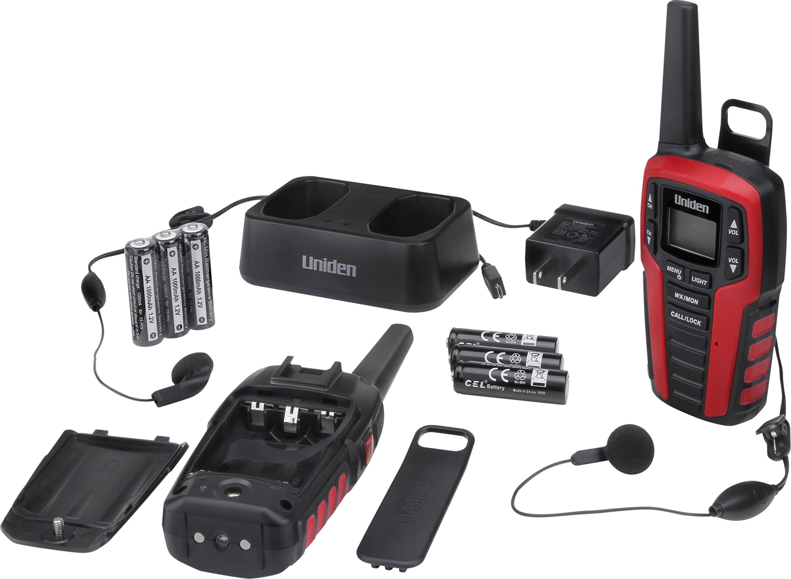 Uniden SX327-2CKHS Up to 32-Mile Range FRS Two-Way Radio Walkie Talkies, Dual Charging Cradle & 2 Headsets, Water Resistant, 22 Channels, 121 Privacy Codes, NOAA Weather + Alert, LED Flashlight