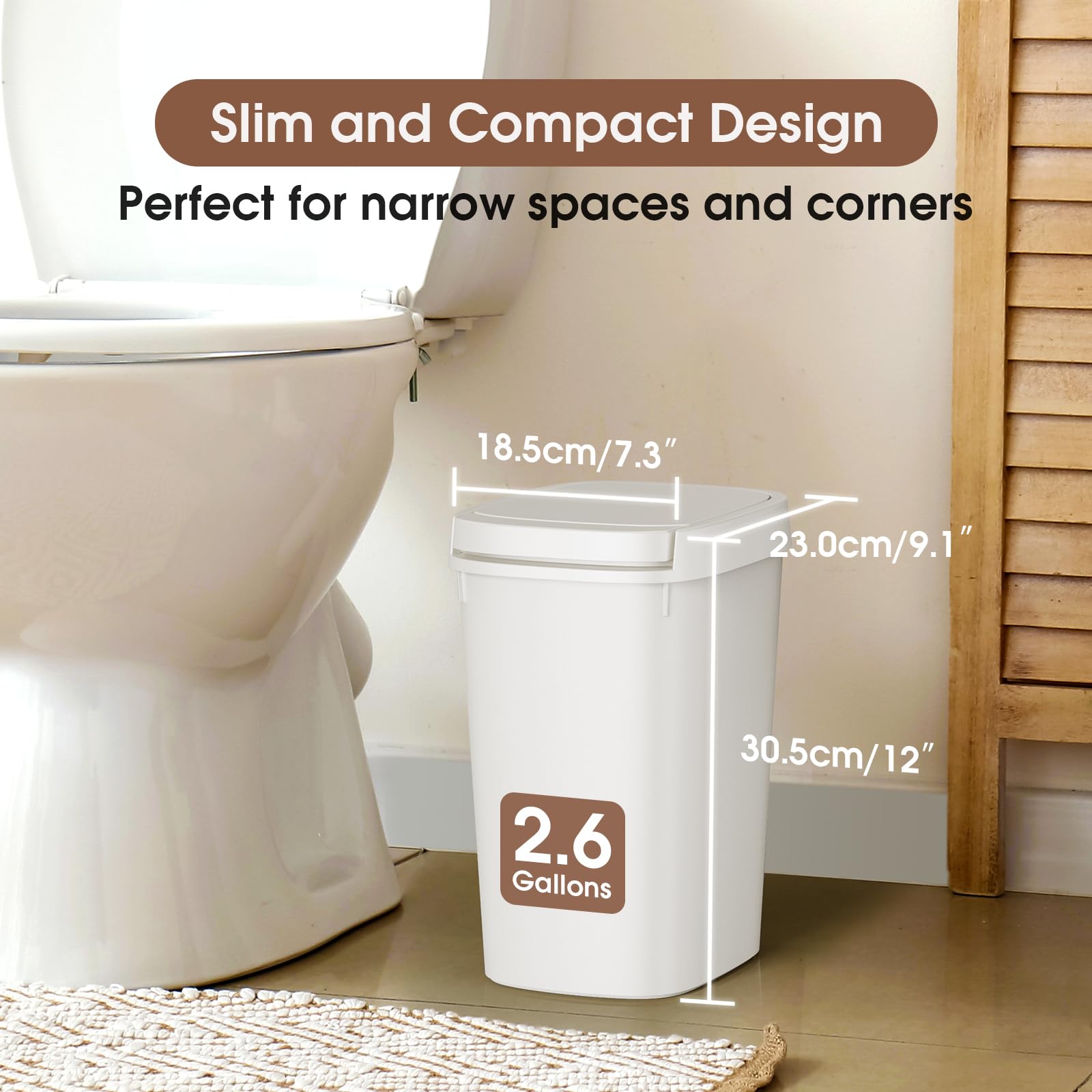 CEROELDA 3 Pack Bathroom Small Trash Can with Lid, 10L/2.6 Gal Slim Garbage Can with Press Top Lid, Plastic Wastebasket with Pop-up Lid for Toilet, Office, Bedroom (Muti 1, 3 Pack)
